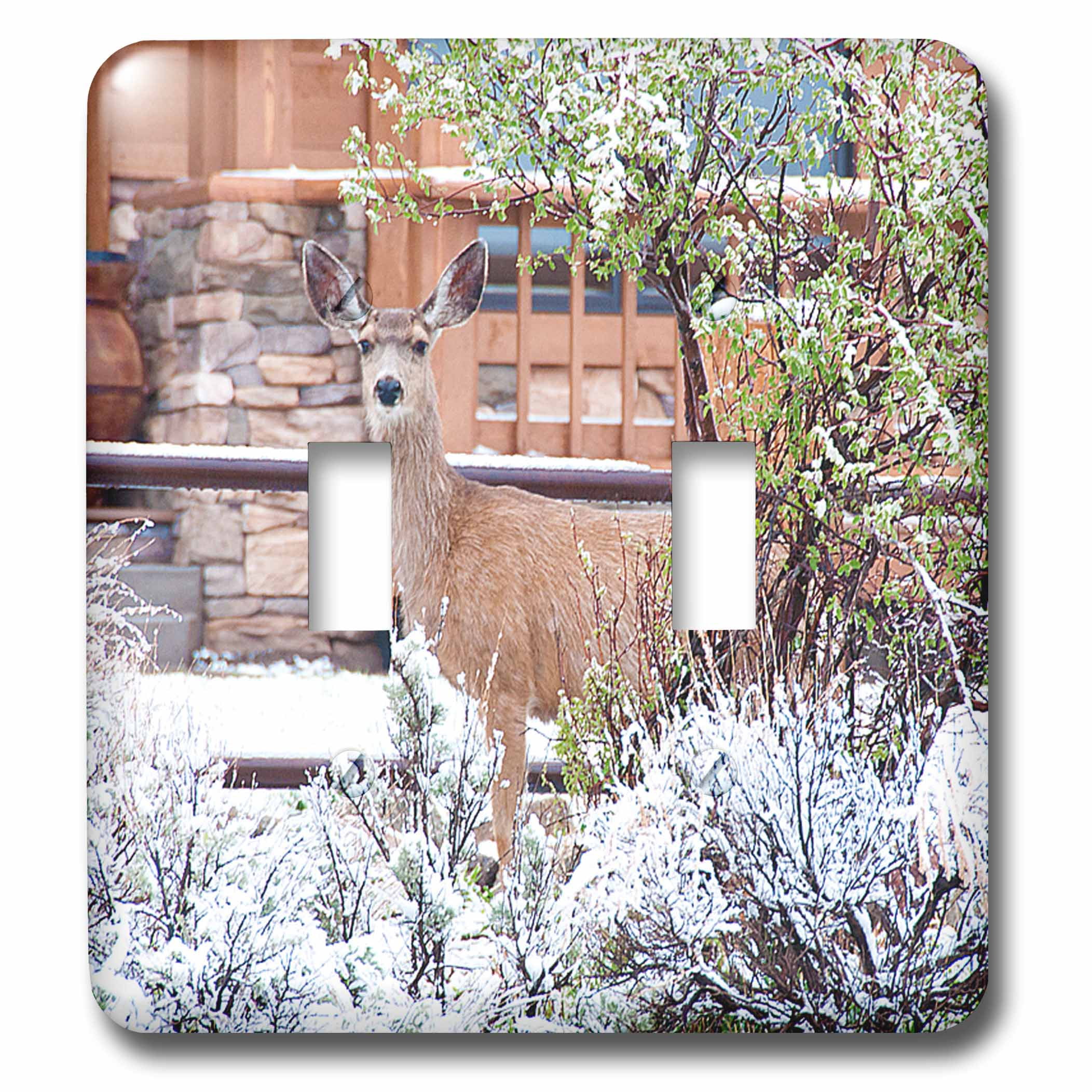 3dRose, Deer In Yard Peeking Around Some Bushes with Cabin Behind it ...