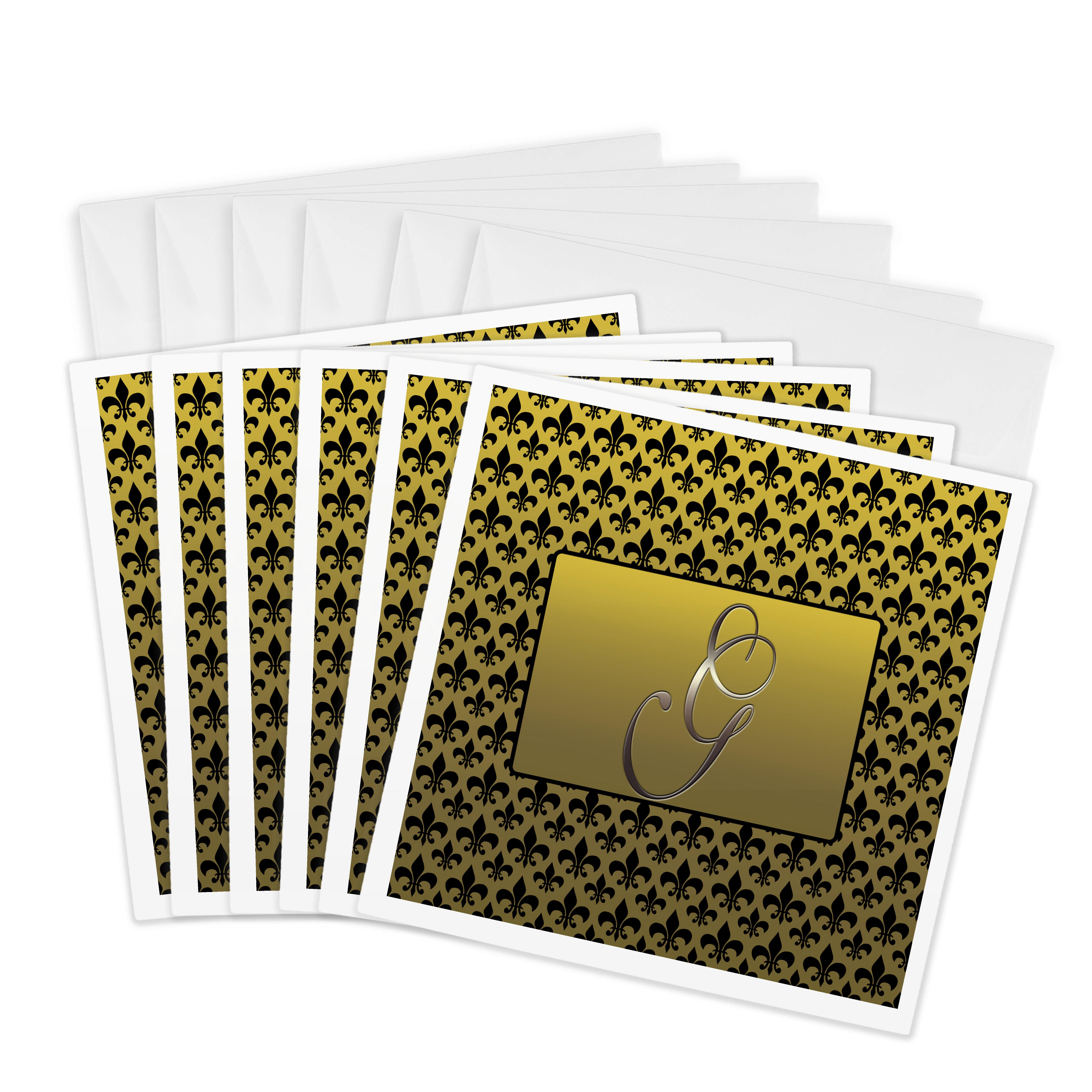 3dRose, Elegant letter G embossed in gold frame over a black fleur-de ...