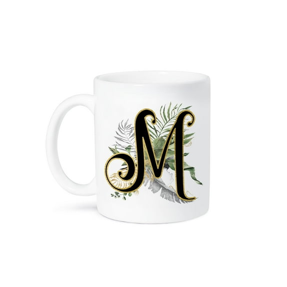 3dRose, Fancy Monogram Initial M On Green Tropical Leaves, 15oz Mug ...
