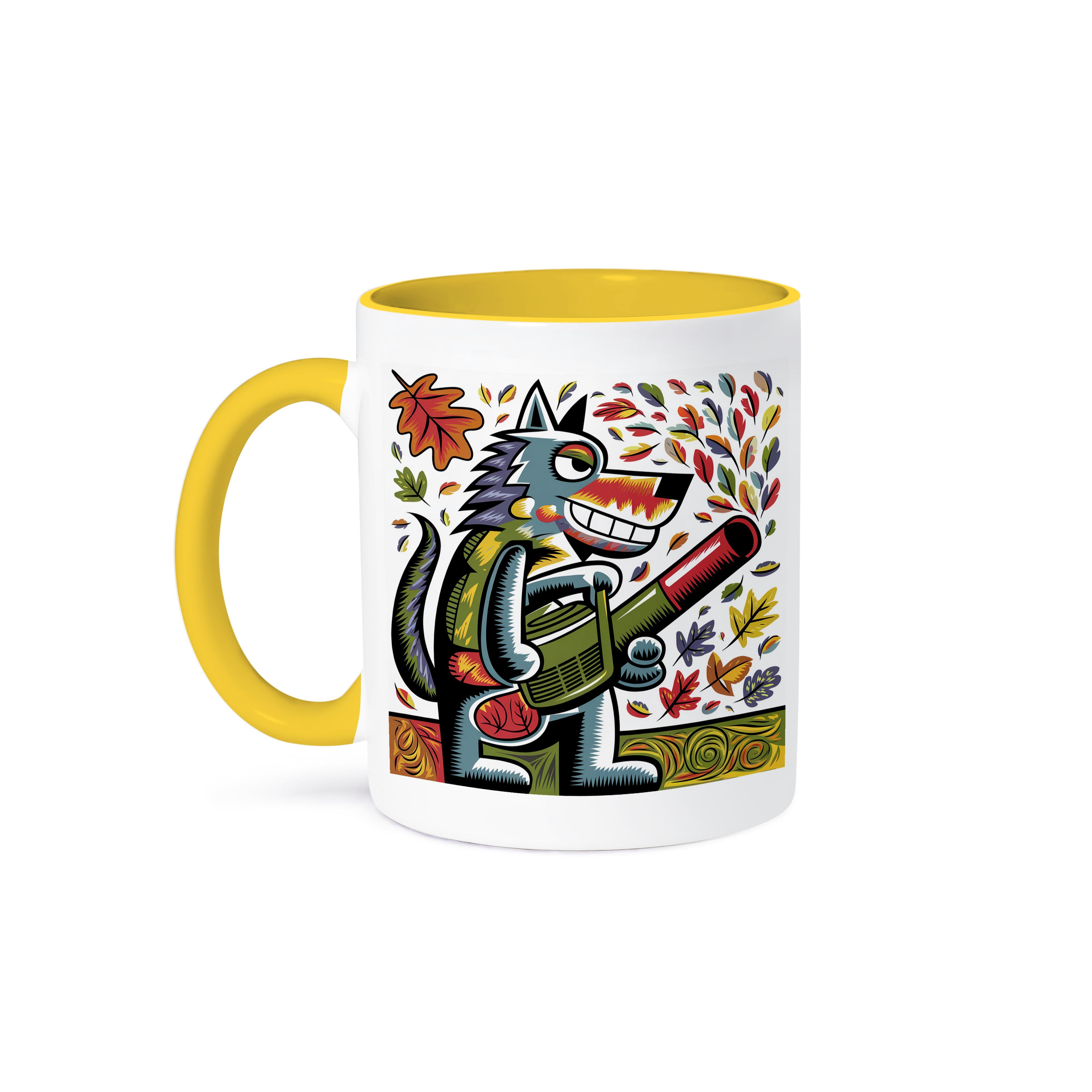 3dRose, Funny Cool Wolf Blowing Fall Leaves Yard Work Abstract Leaf Blower, 15oz Two-Tone Yellow ...