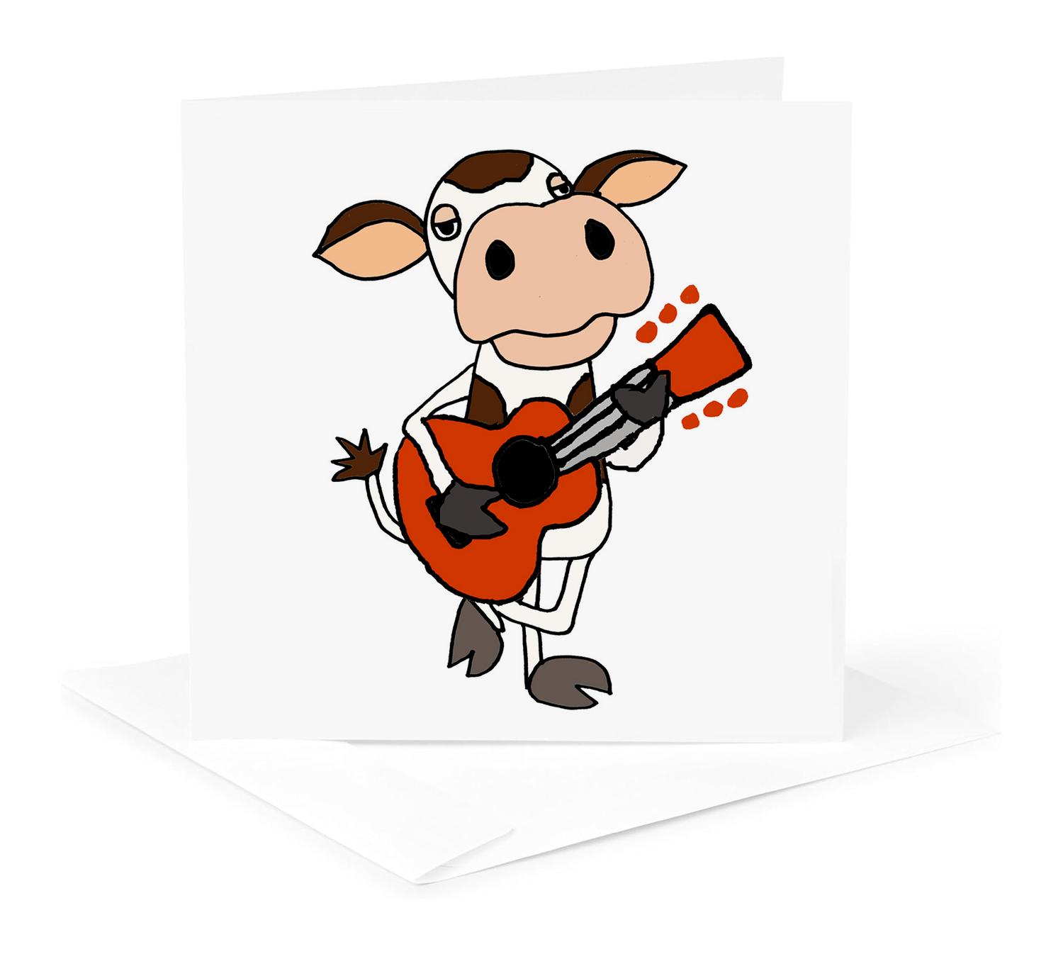 3dRose, Funny Cute Brown and White Cow playing Guitar, 1 Greeting Card ...