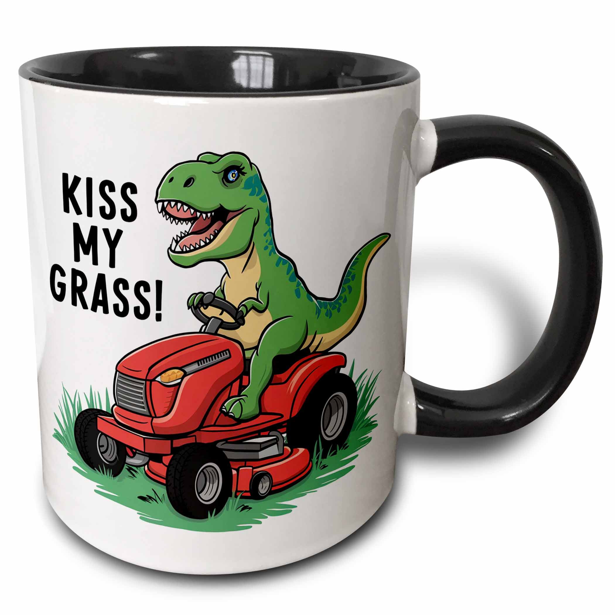 3drose, Funny Cute Green T-rex Dinosaur on Riding Lawn Mower Kiss My ...