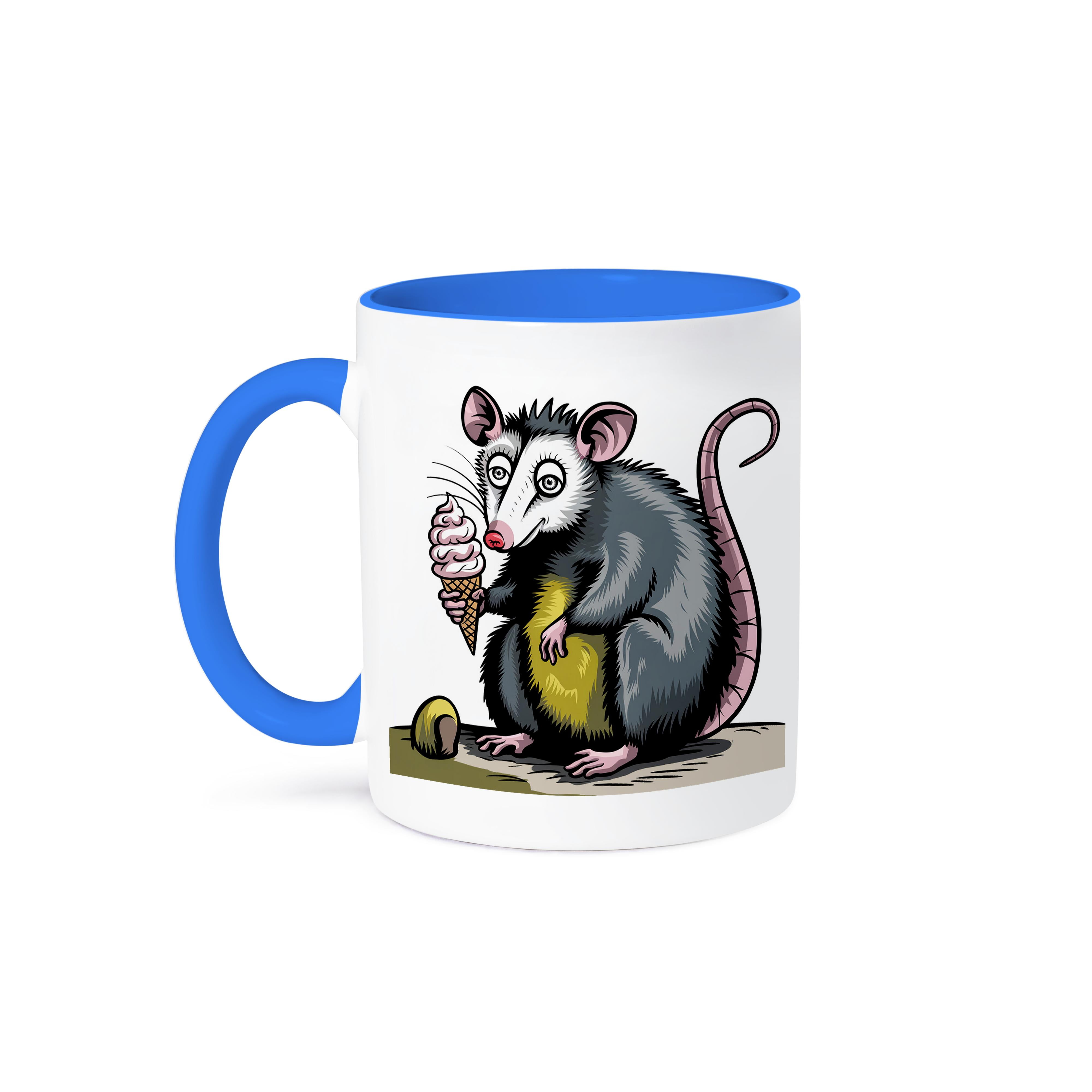 3dRose, Funny Cute Possum eating Ice Cream Cone Abstract Animals, 15oz Two-Tone Blue Mug ...