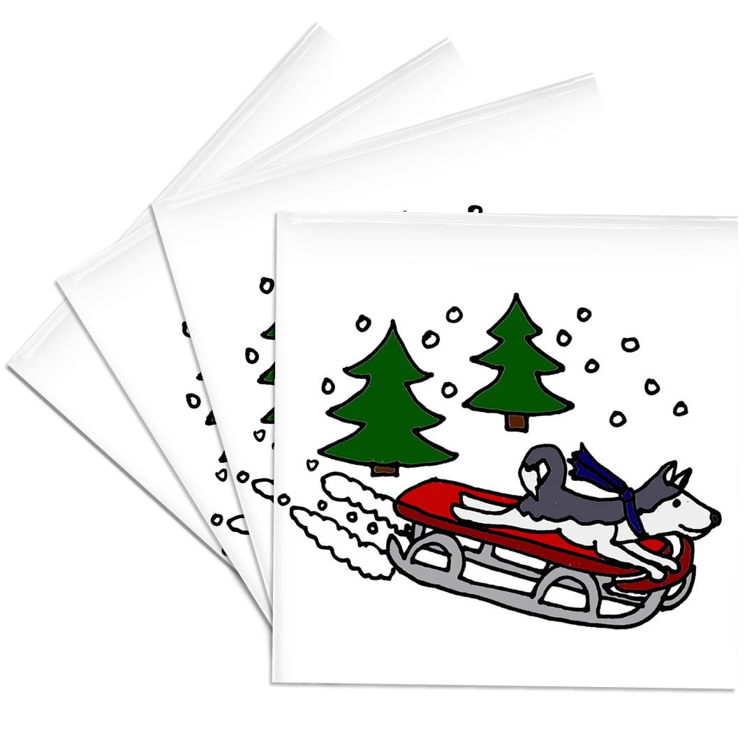 3dRose, Funny Siberian Husky Dog Riding on Sled Art, Set of 4 Ceramic ...