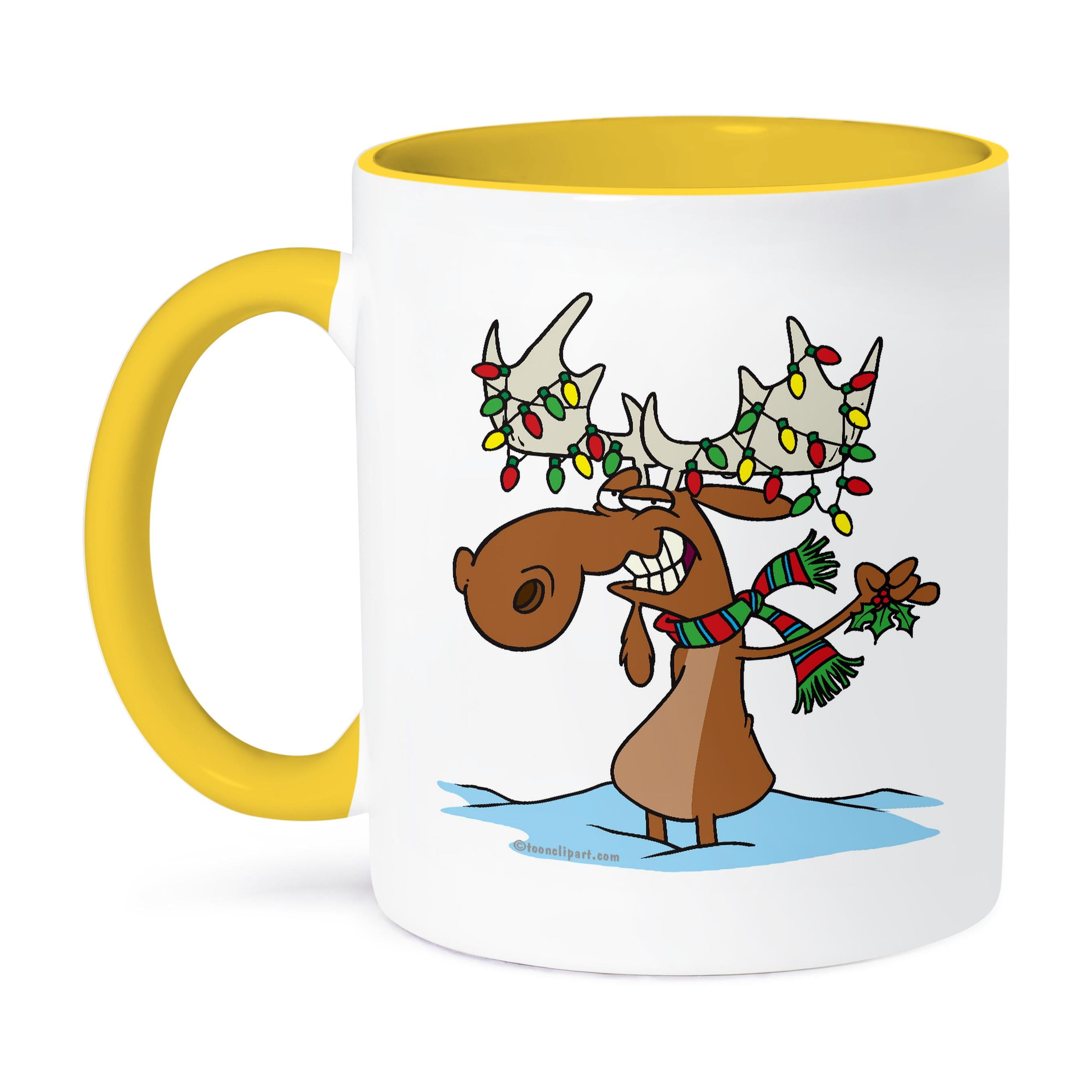 3dRose, Funny Silly Christmas Moose Cartoon, 11oz Two-Tone Yellow Mug ...