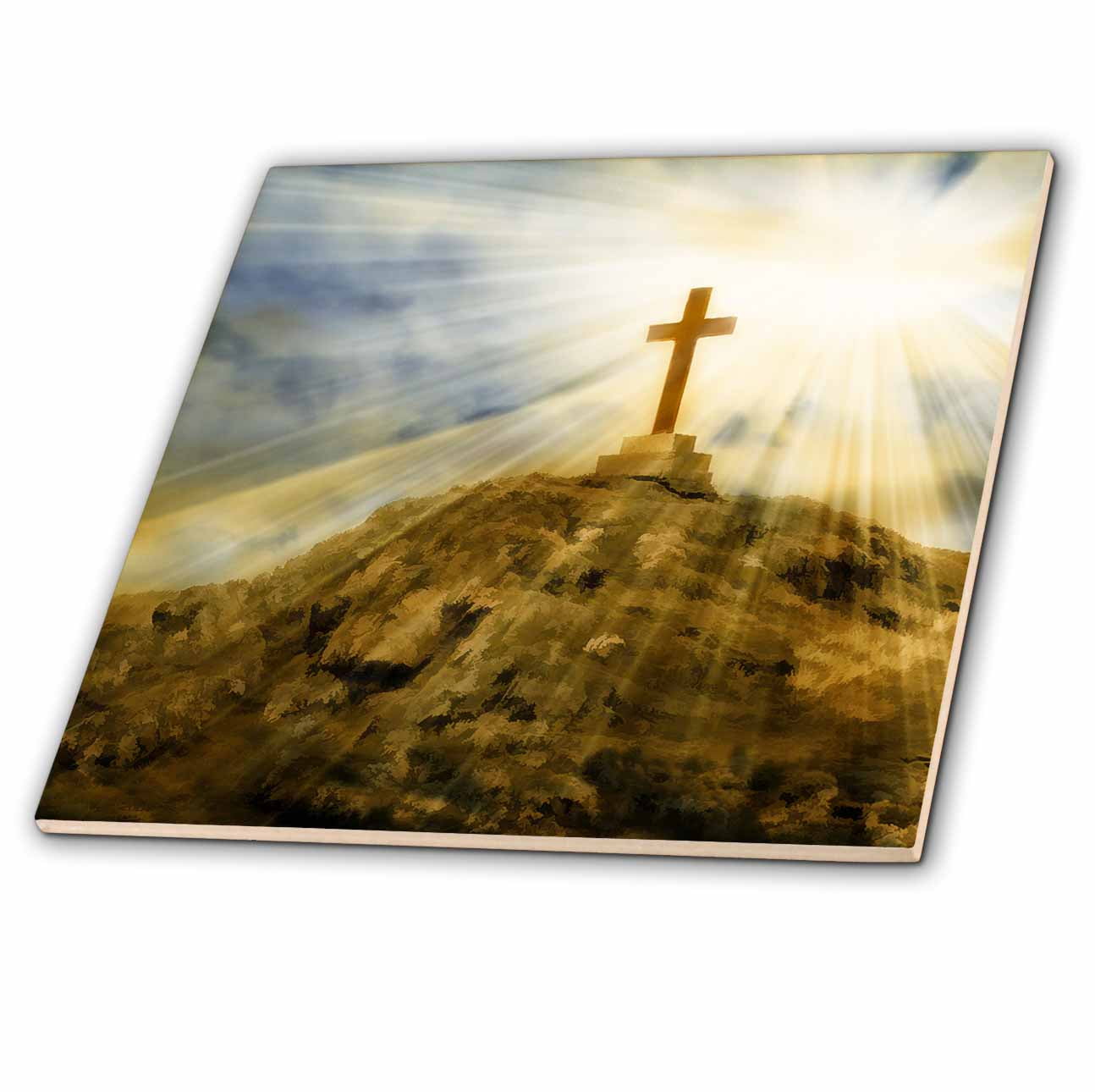 3dRose Gold Cross on the Top of a Hill with Sun Rays for a Spiritual ...