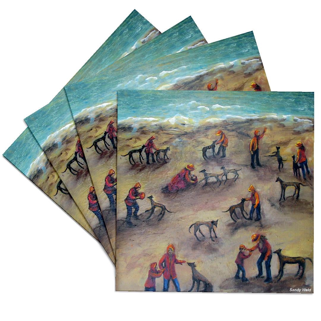 3drose, Greyhound Weekend, Kids and Dogs Play at the Beach, Set of 4 ...