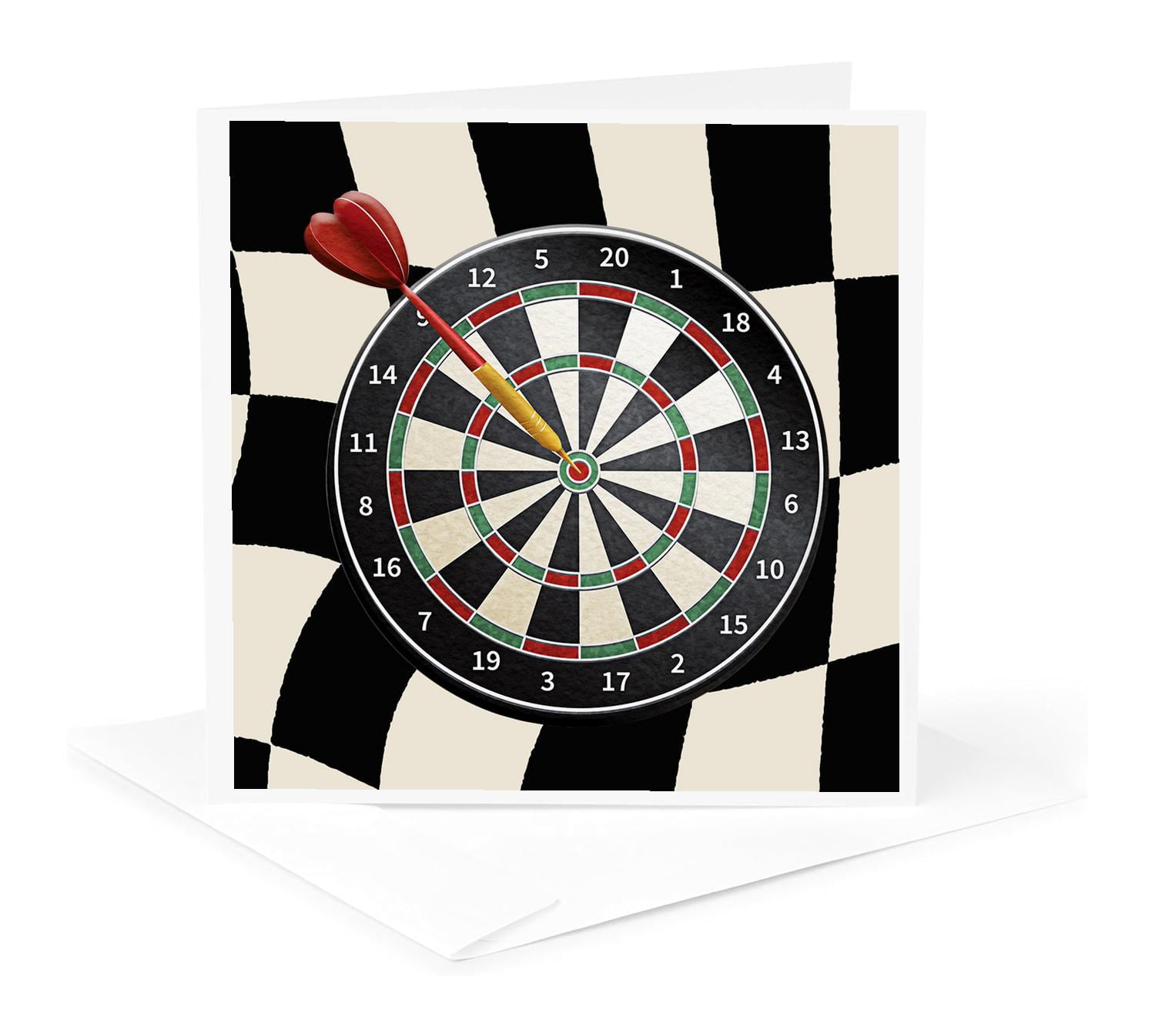 3dRose, Image of Dart Board with Dart in Bulls Eye, Black, Red, and Green , 1 Greeting Card with ...
