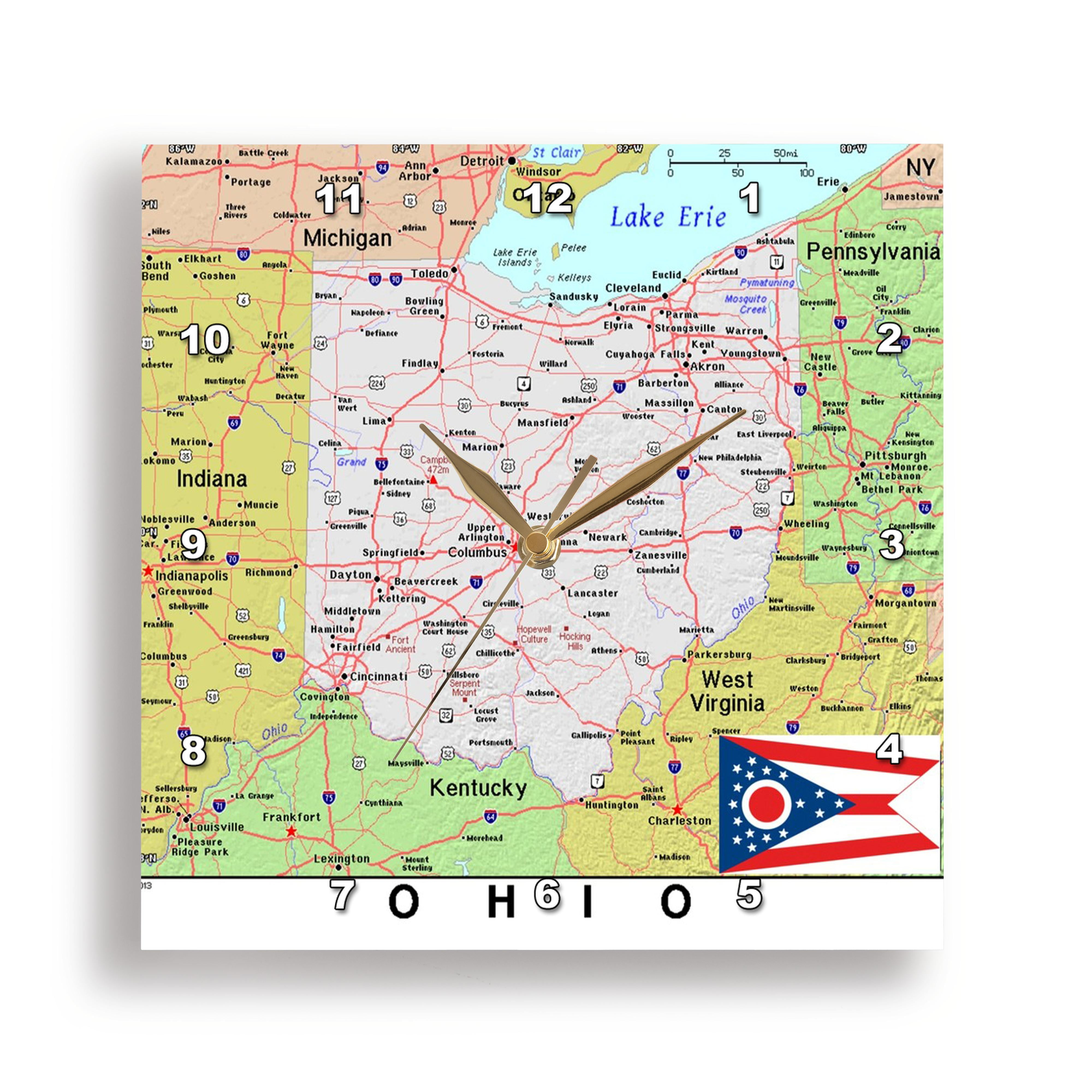 3dRose, Image of Ohio Topographic Map With State Flag, 10x10 Wall Clock ...