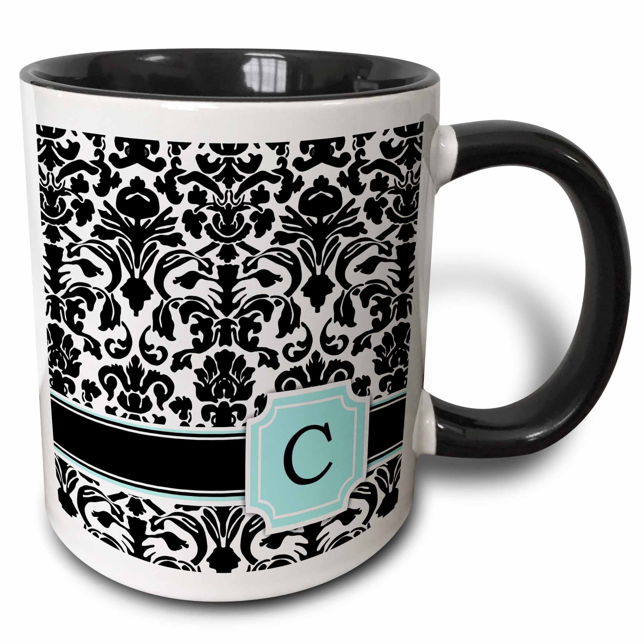 3dRose Letter C personal monogrammed mint blue black and white damask ...