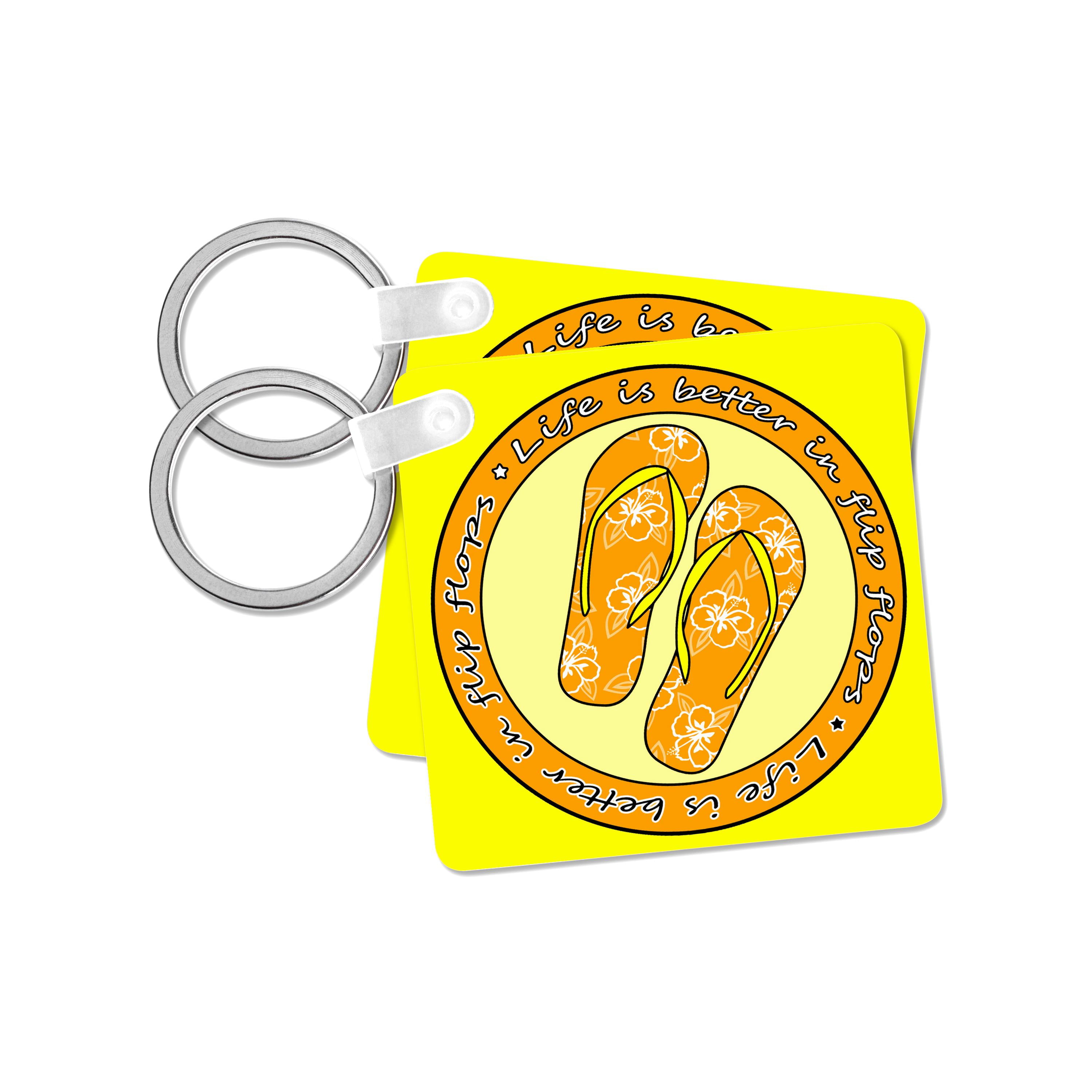 3dRose, Life is Better in Flip Flops - Orange and Yellow, set of 2 Key ...