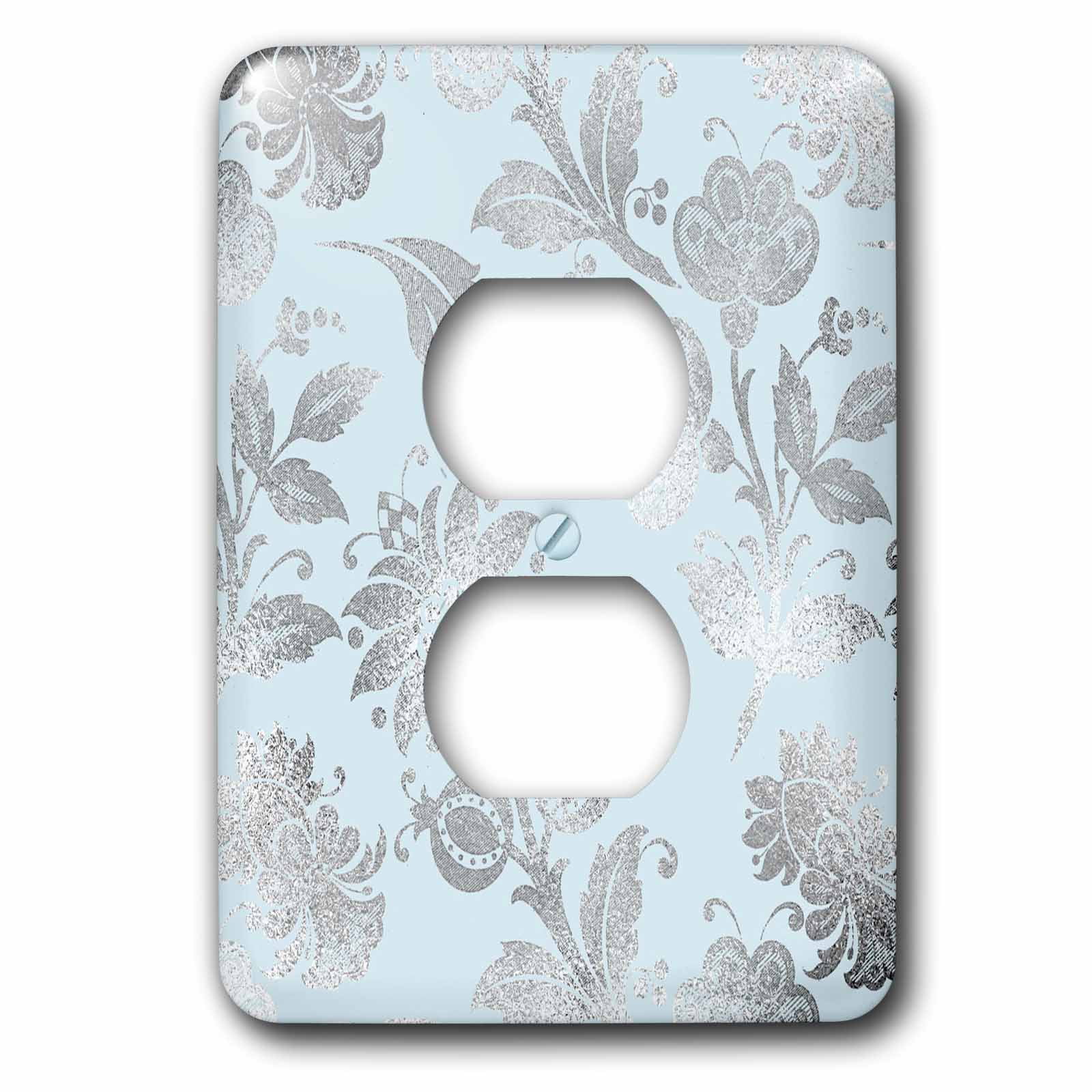 3dRose, Light Blue With A Faux Silver Floral Damask Overlay, 2 plug ...