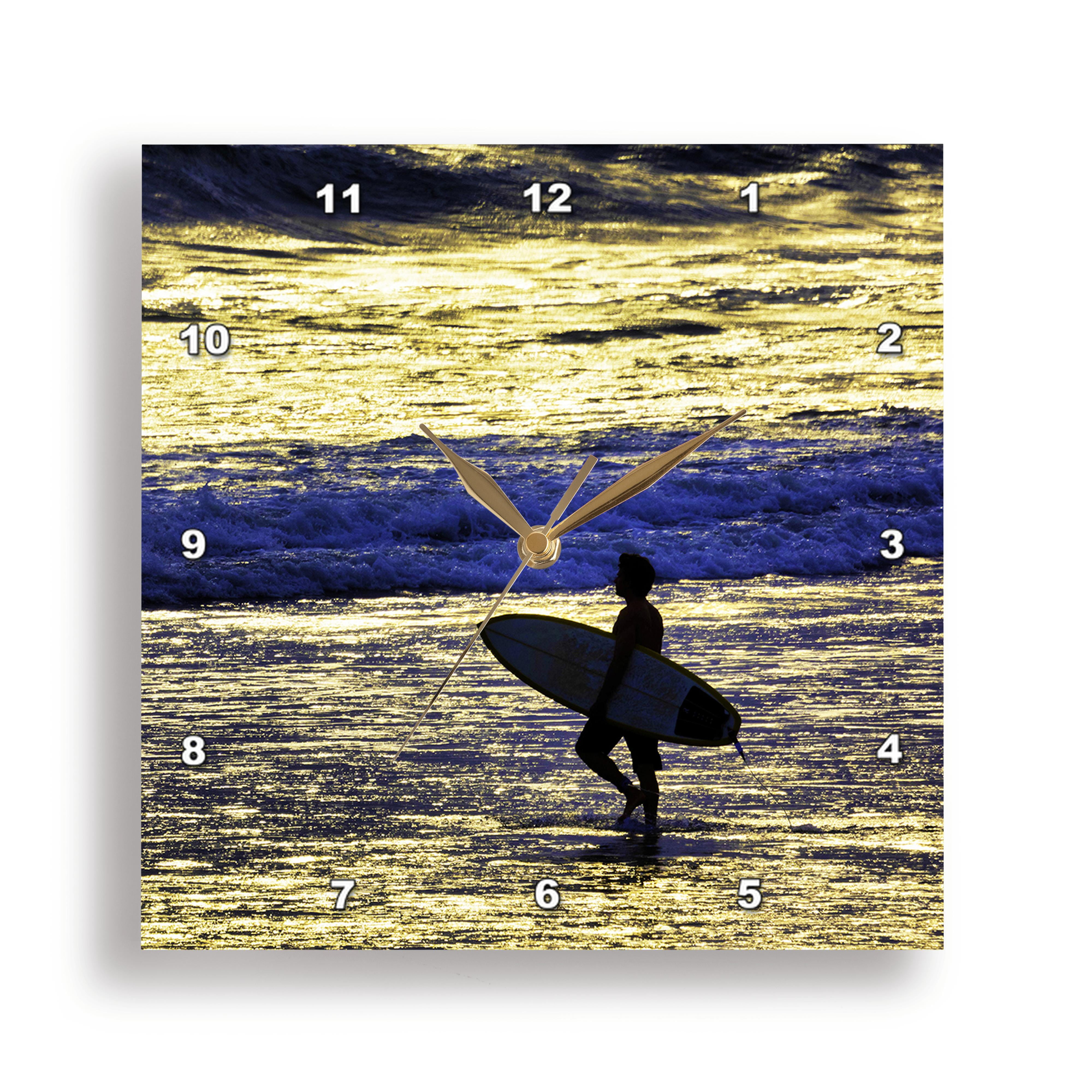 3dRose, Lone surfer along the beach entering the surf, 13x13 Wall Clock ...