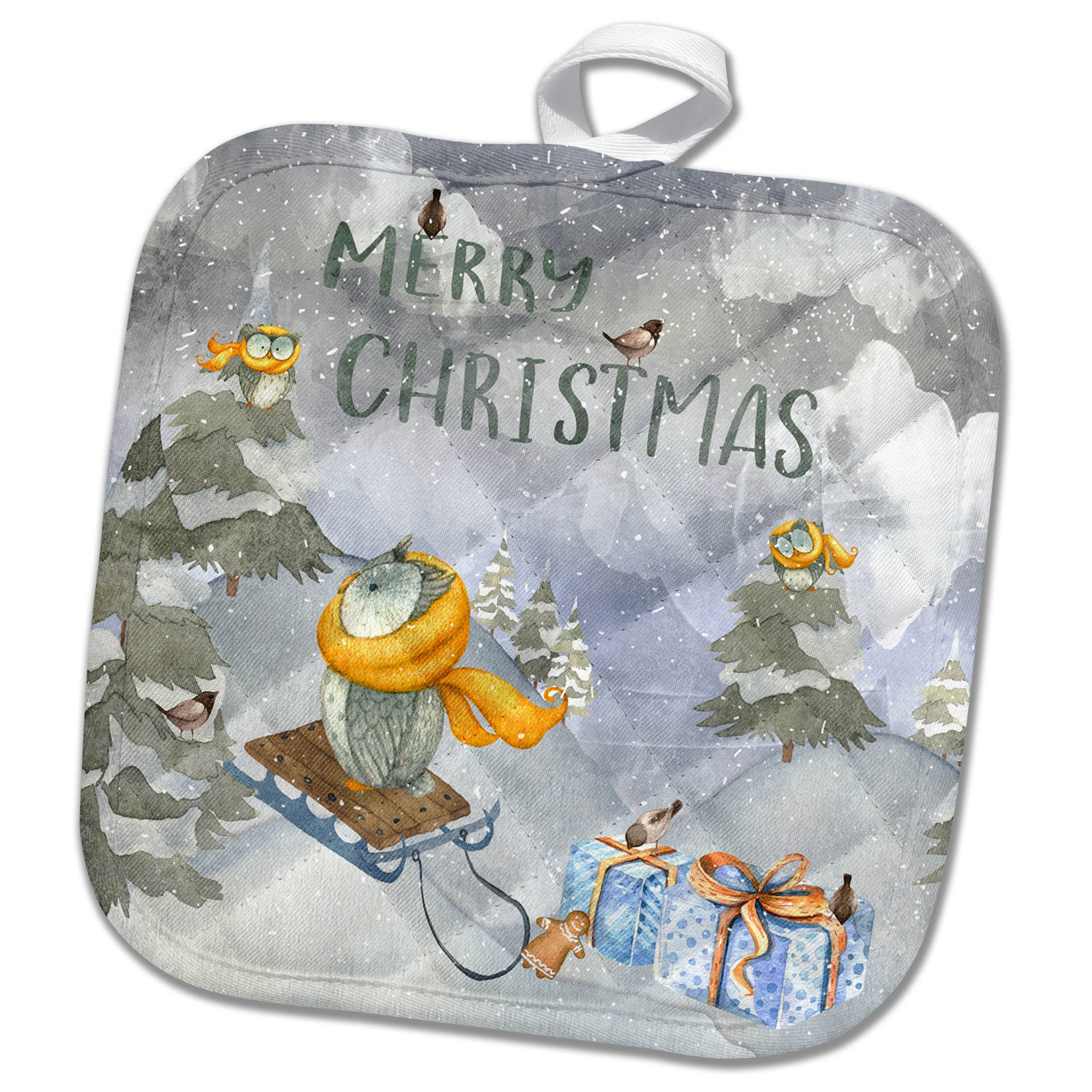 3dRose, Merry Christmas Owl and little Bird Winter Illustration, 8x8 ...