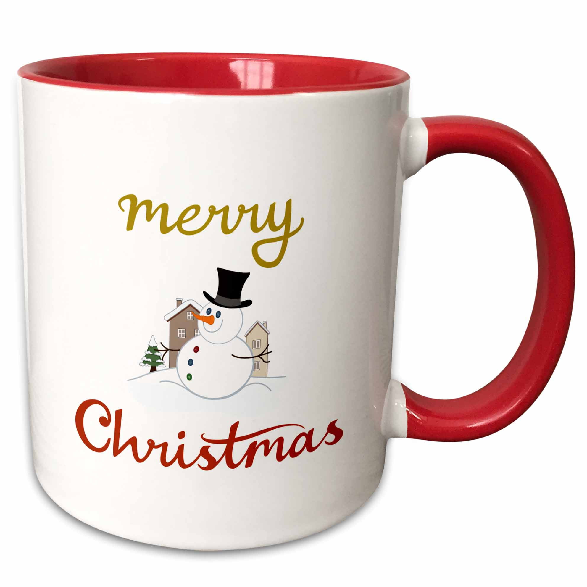 3drose, Merry Christmas and Happy Snowman Design, 11oz Two-tone Red Mug ...