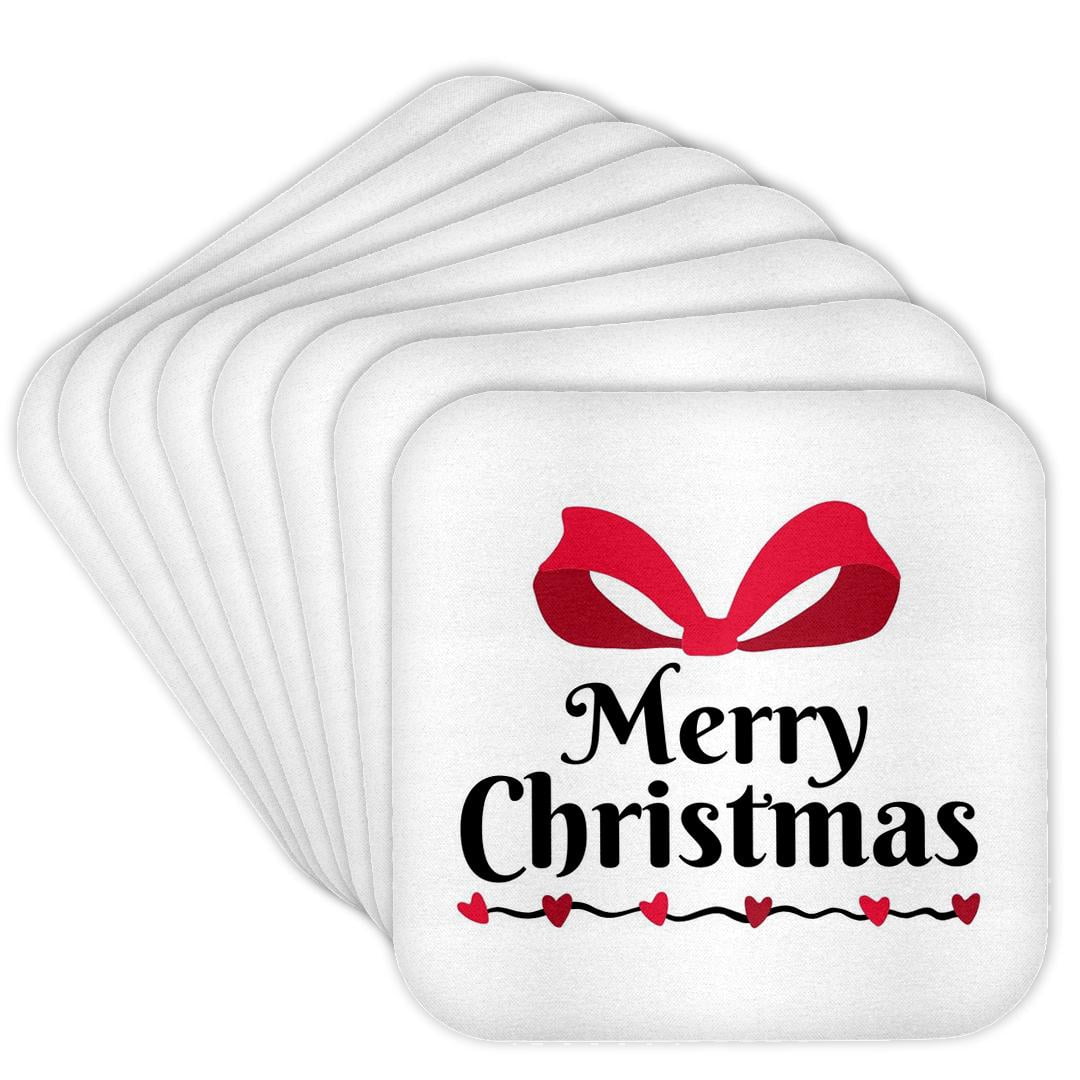 3dRose, Merry Christmas with Red Bow and red hearts, Set of 8 Coasters ...