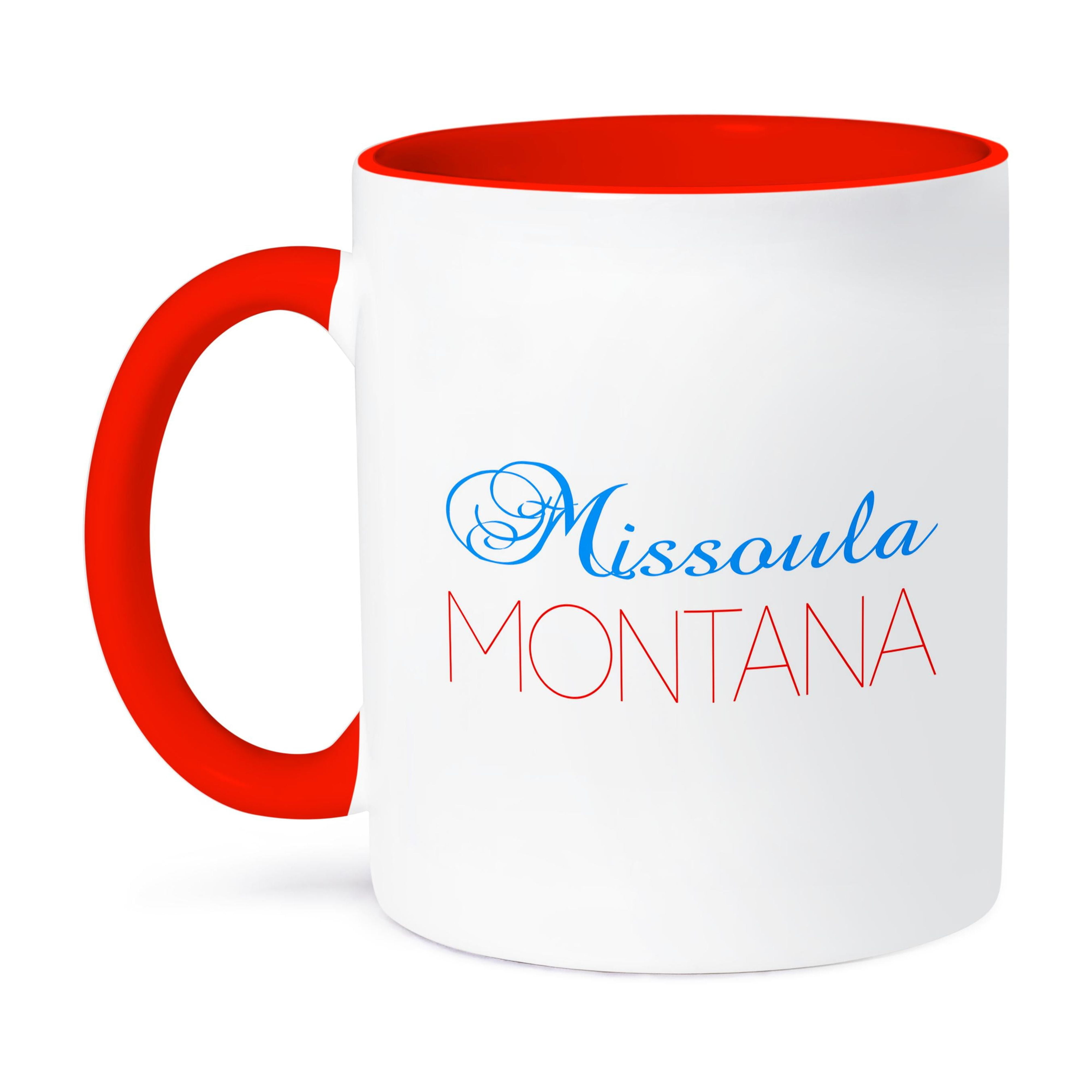 3dRose, Missoula, Montana blue, red text. Patriotic home town design, 11oz Two-Tone Red Mug ...