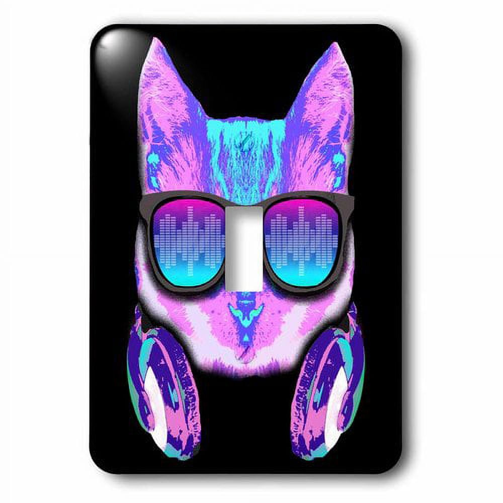 3dRose Neon Colo Disco Cat with Sun Glasses and Headphones Socket Plate ...