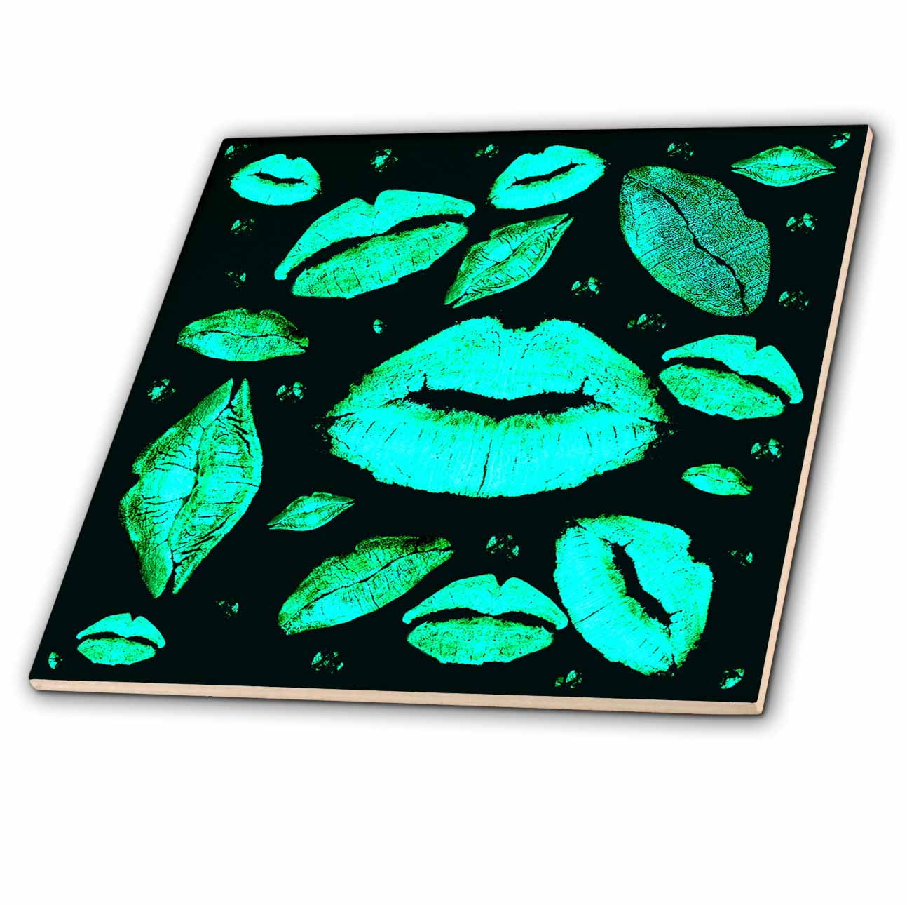 3dRose, Neon green kisses on a black background, 12 Inch Ceramic Tile ...