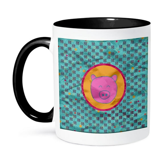 3dRose, Pink Pig Face in Circle, Scattered Sign of Pig Design, Aqua, Orange, 11oz Two-Tone Black ...