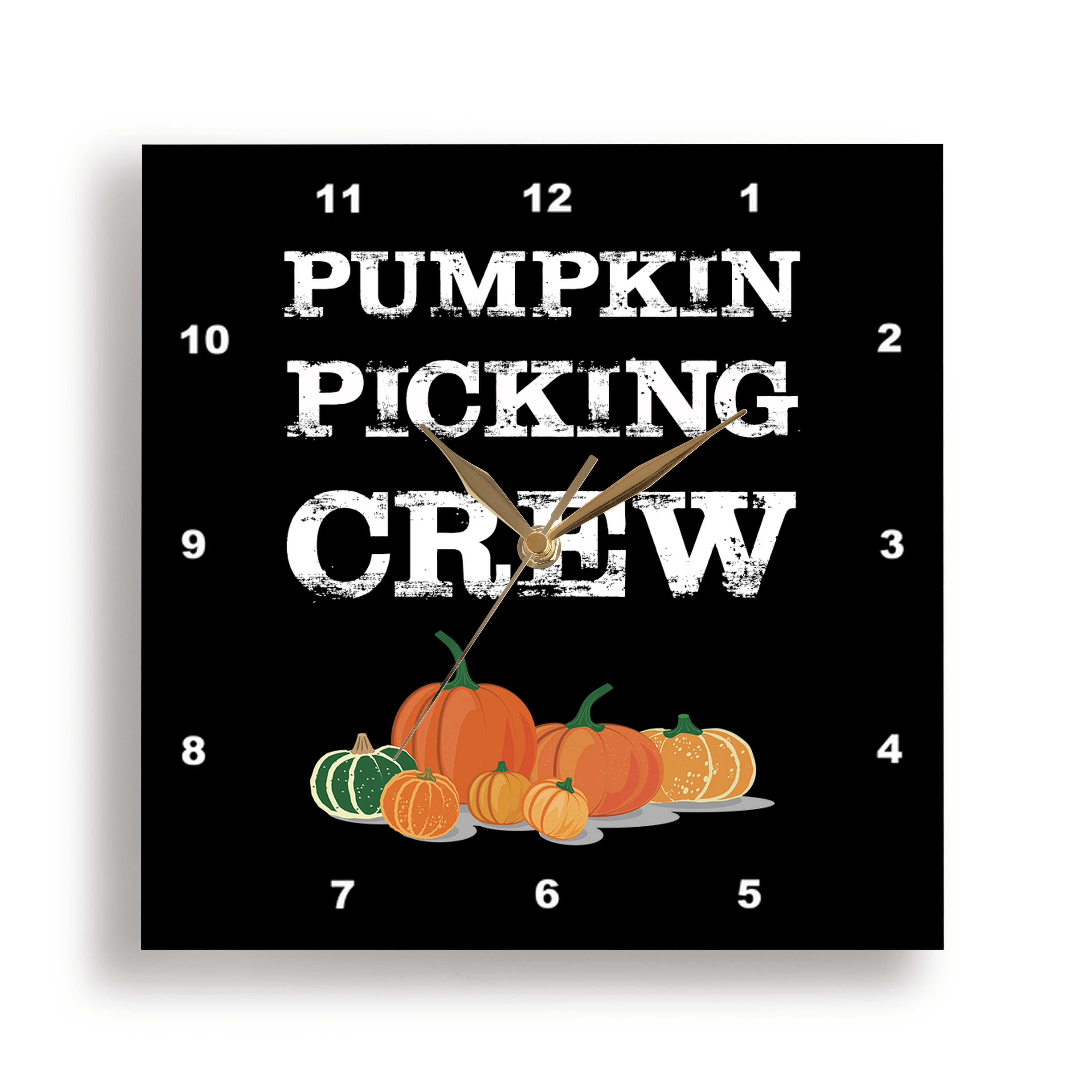 3dRose, Pumpkin Picking Crew with pumpkin clipart. White on black background., 13x13 Wall Clock ...