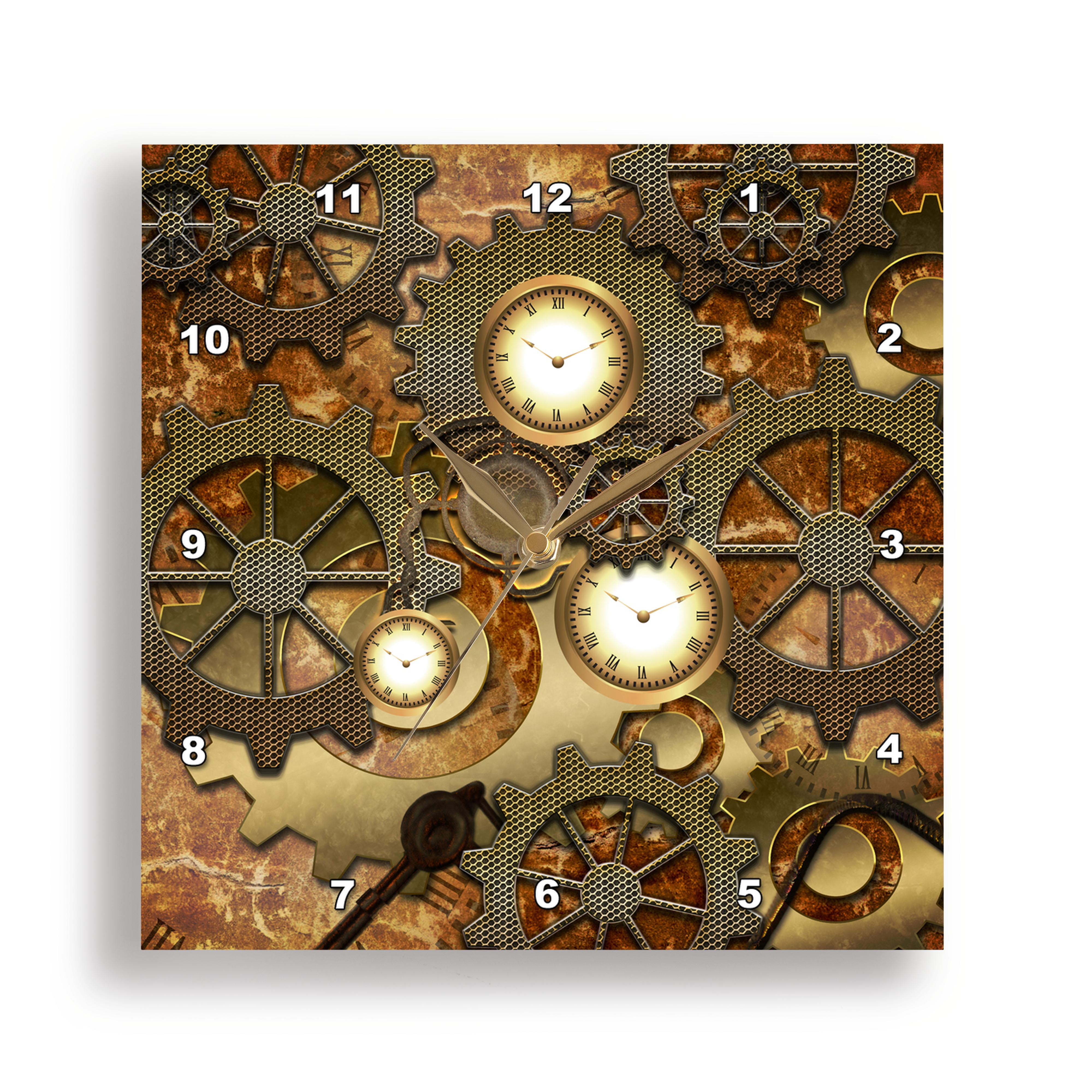 3dRose, Steampunk clocks gears in golden design, 10x10 Wall Clock ...