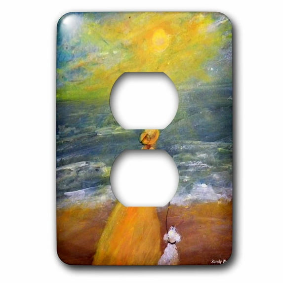 3dRose, Sunny Girl with Poodle, walk on the beach, 2 plug outlet cover ...