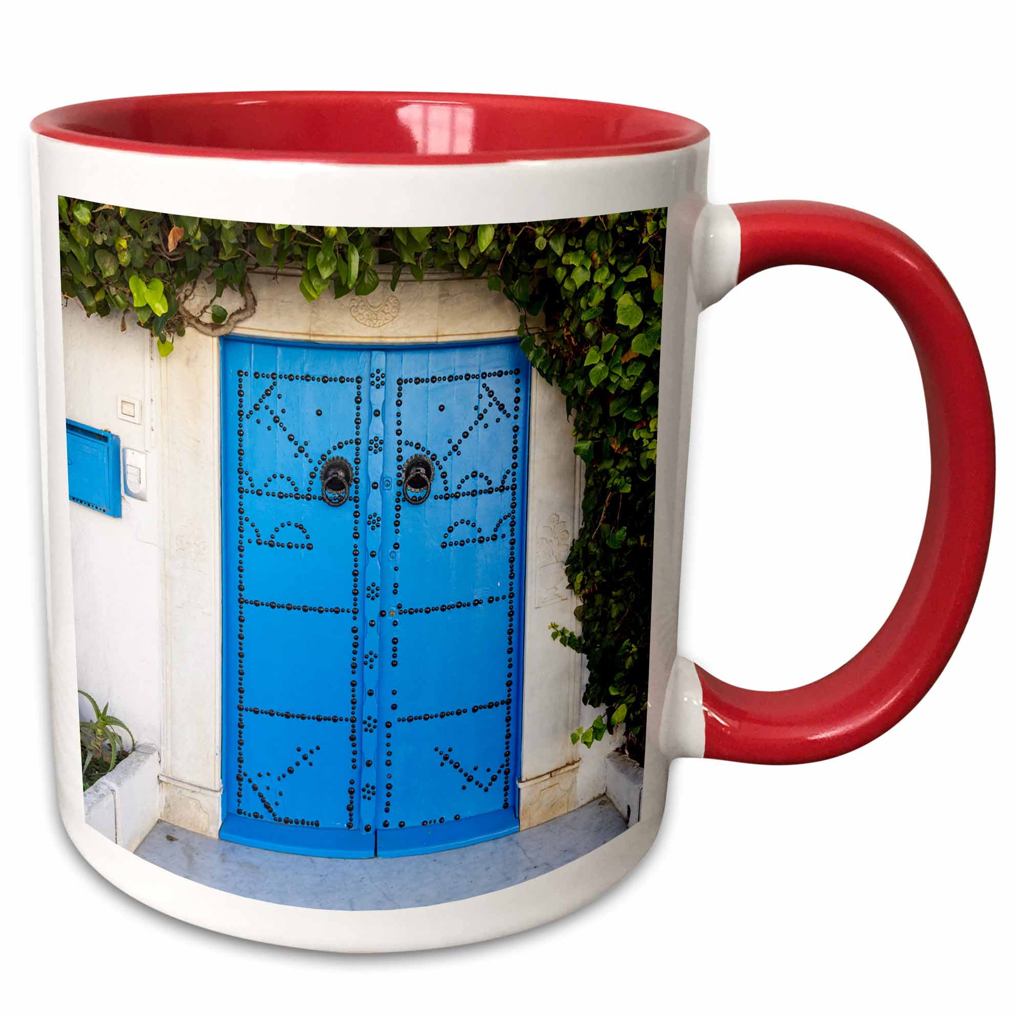 3drose, Tunis, Tunisia. Blue Door on a House., 15oz Two-tone Red Mug ...