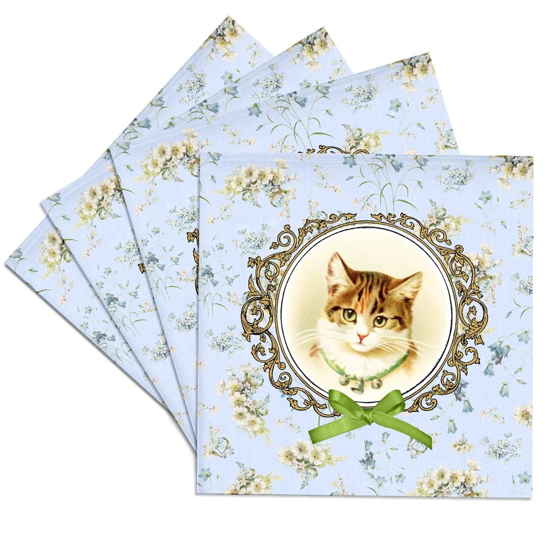 3dRose, Vintage cute kitten on pretty blue floral pattern with green ...