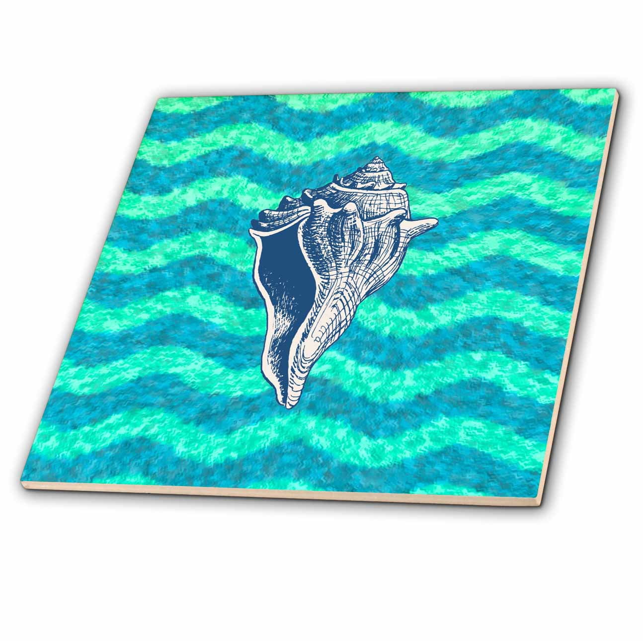 3dRose Wavy Blue Lines and Sea Shell Design - Ceramic Tile, 8-inch ...