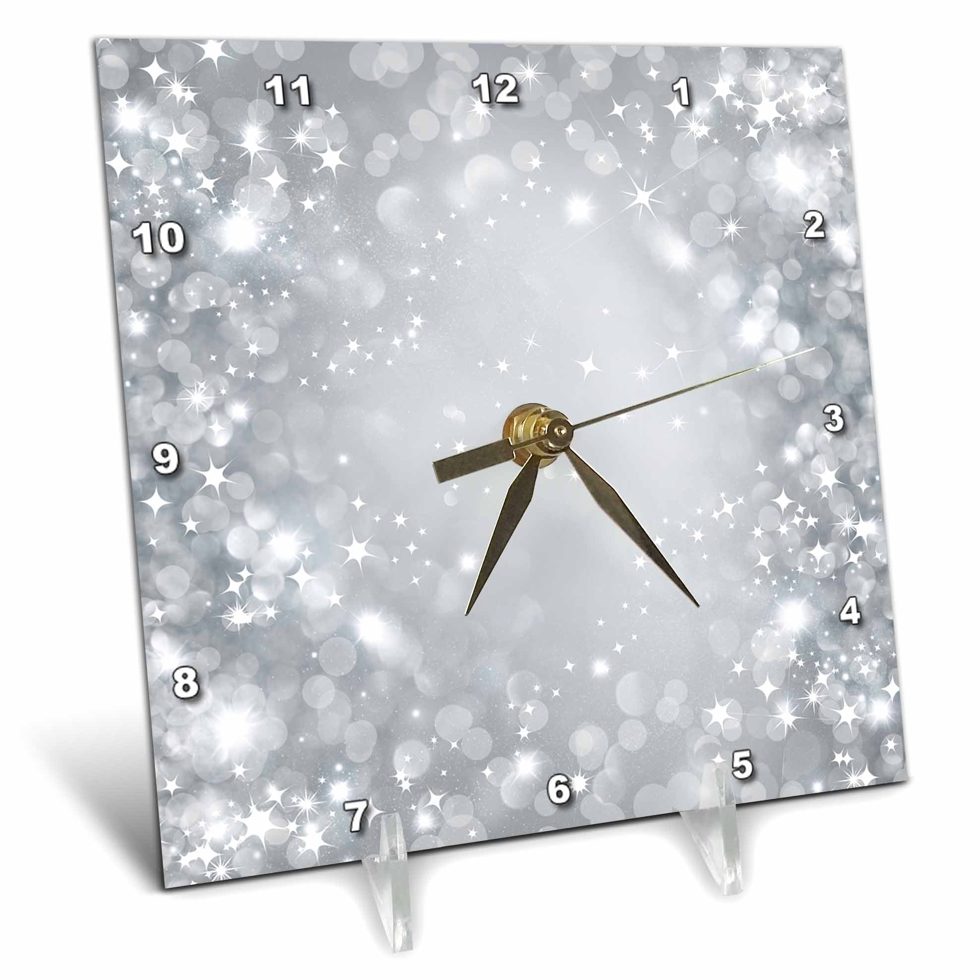 3dRose, White and Gray Sparkle Bokeh With Stars, 6x6 Desk Clock ...