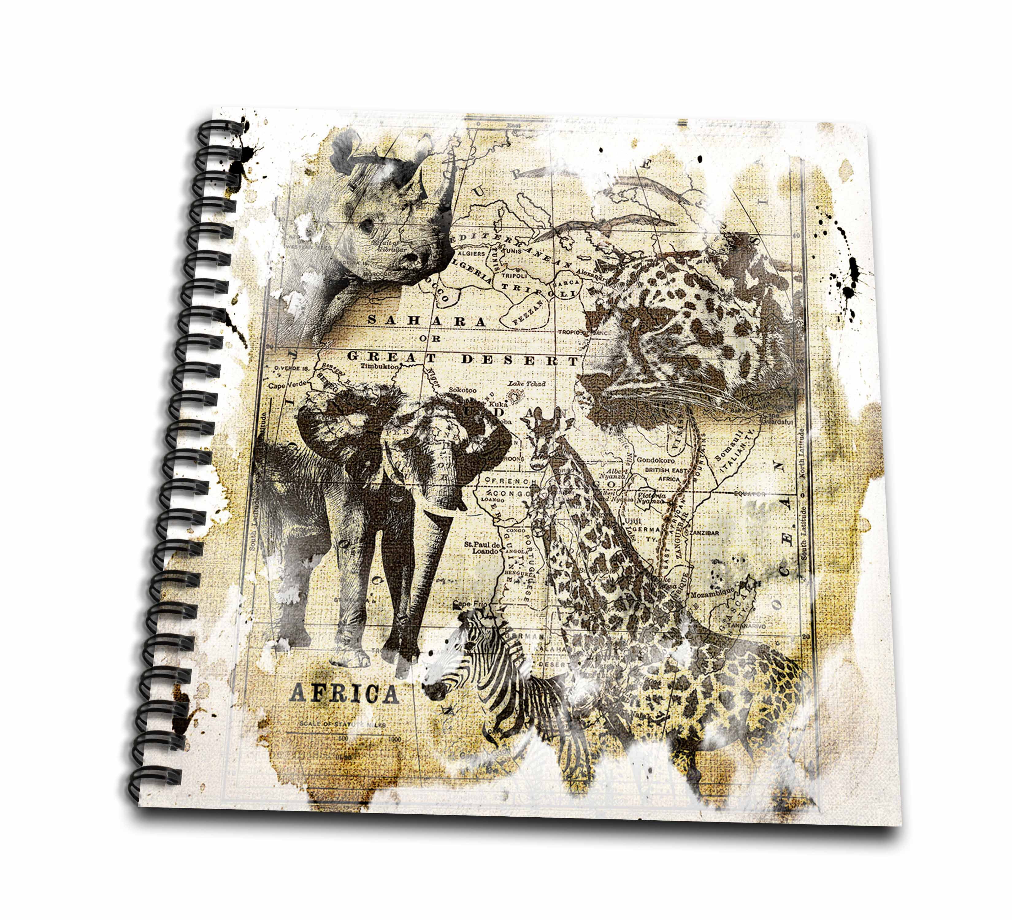 3dRose Wildlife vintage Africa map with rhino, elephant, cheetah, zebra ...