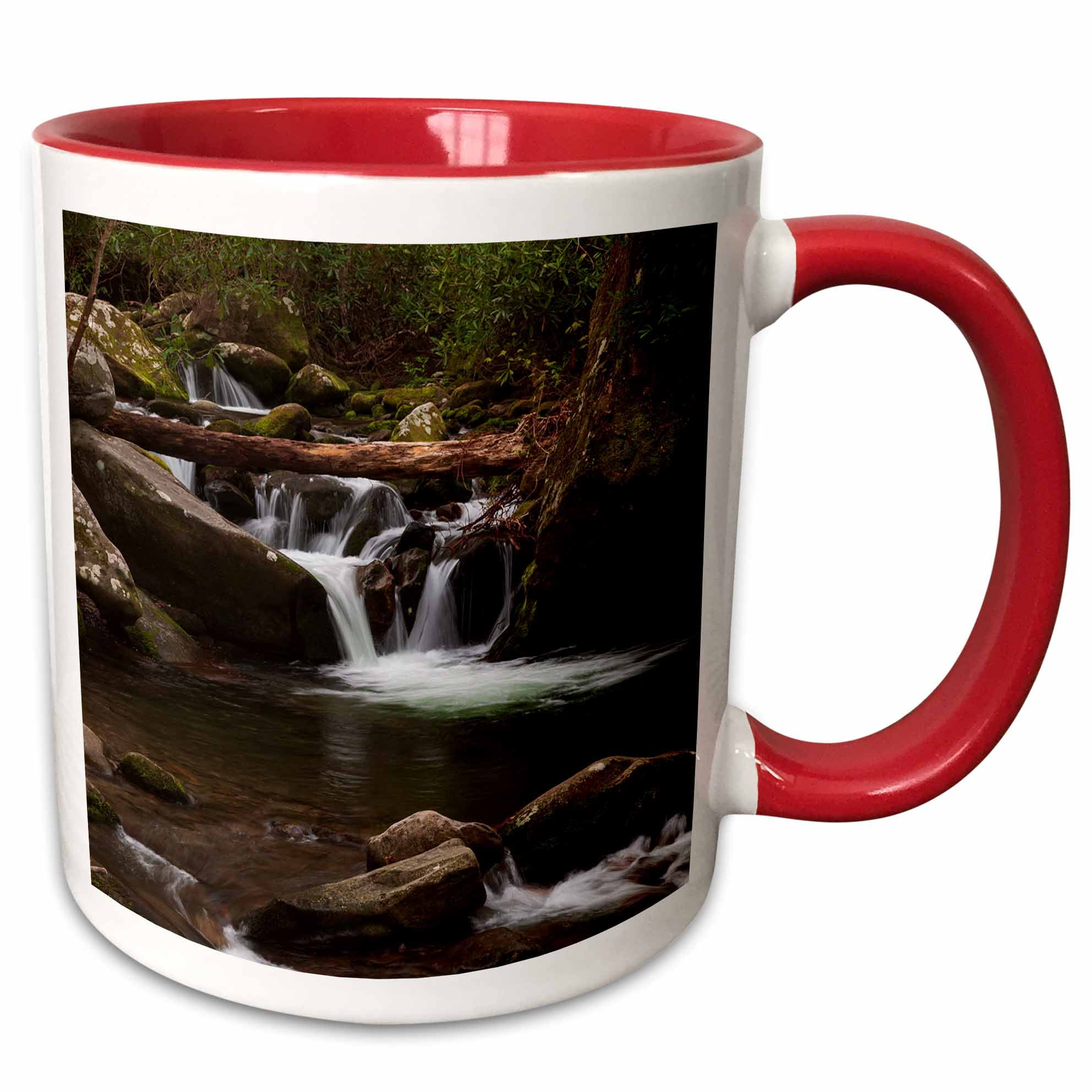 3drose, a Log Lays Across a Mountain Stream, 11oz Two-tone Red Mug ...