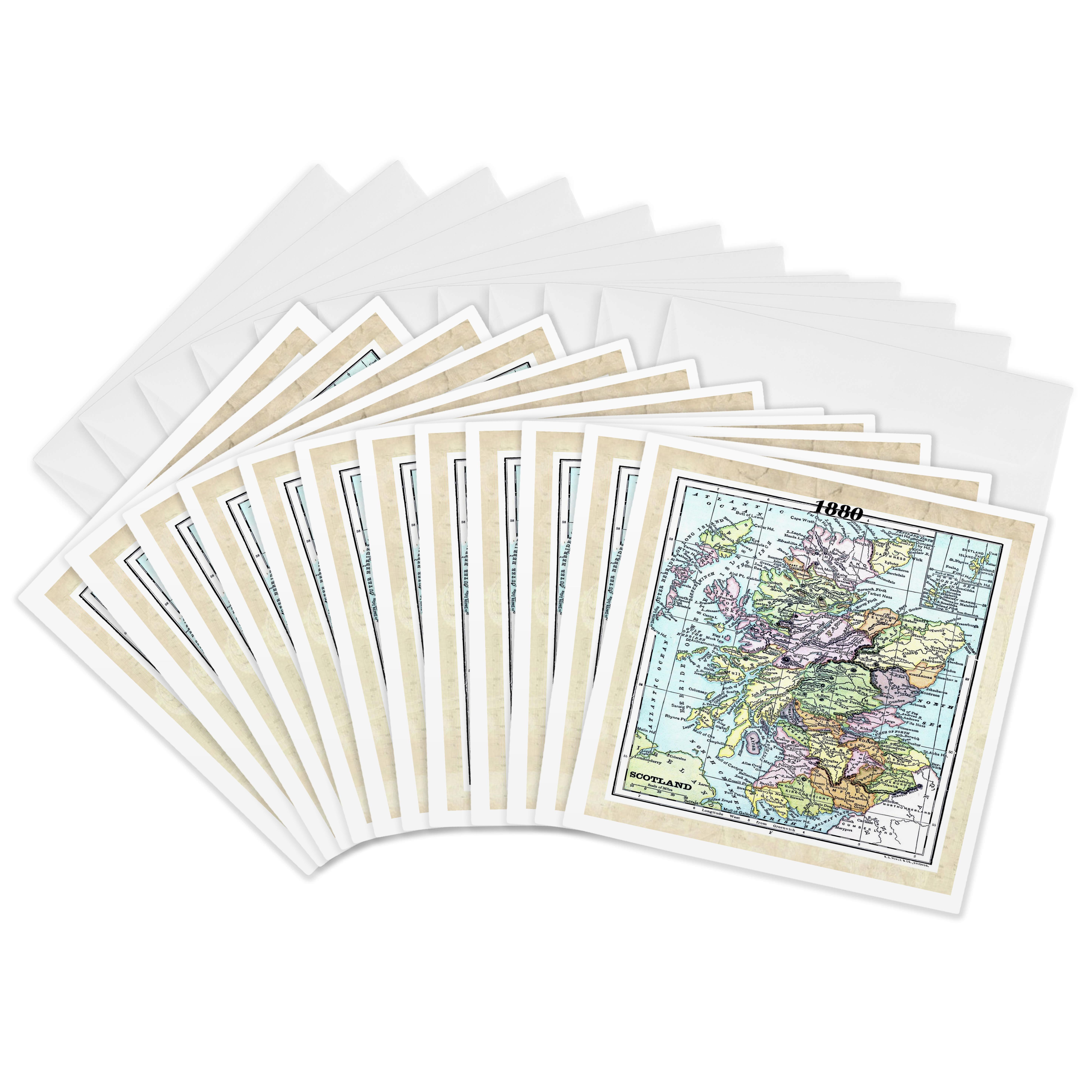 3drose, 1880 Map of Scotland, 12 Greeting Cards with Envelopes ...