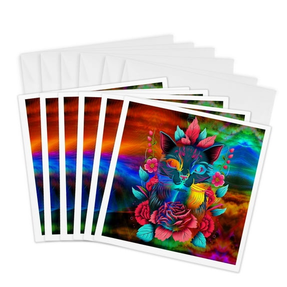3drose, Abstract Vibrant Colors with Stencil Kitty and Flowers, 6 ...