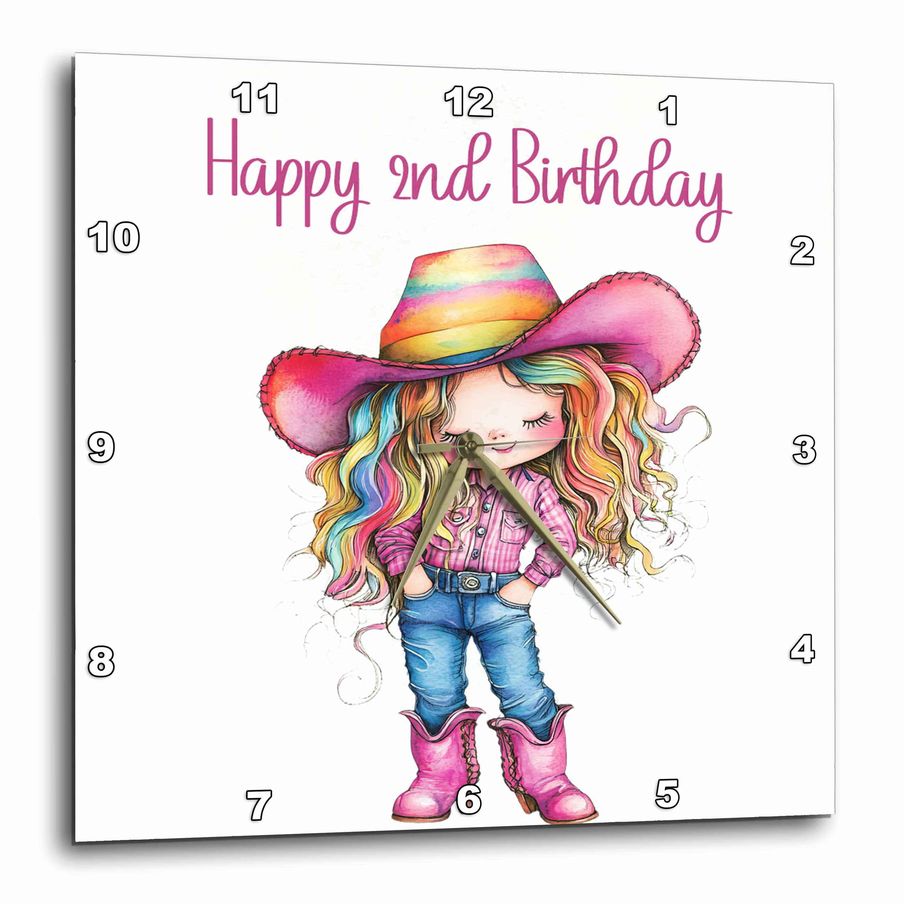 3drose, Adorable Pink Cowgirl Happy 2nd Birthday, 10x10 Wall Clock ...