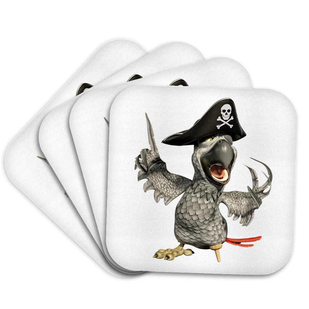 3drose, African Grey Cartoon Parrot Pirate Captain, Set of 4 Coasters ...