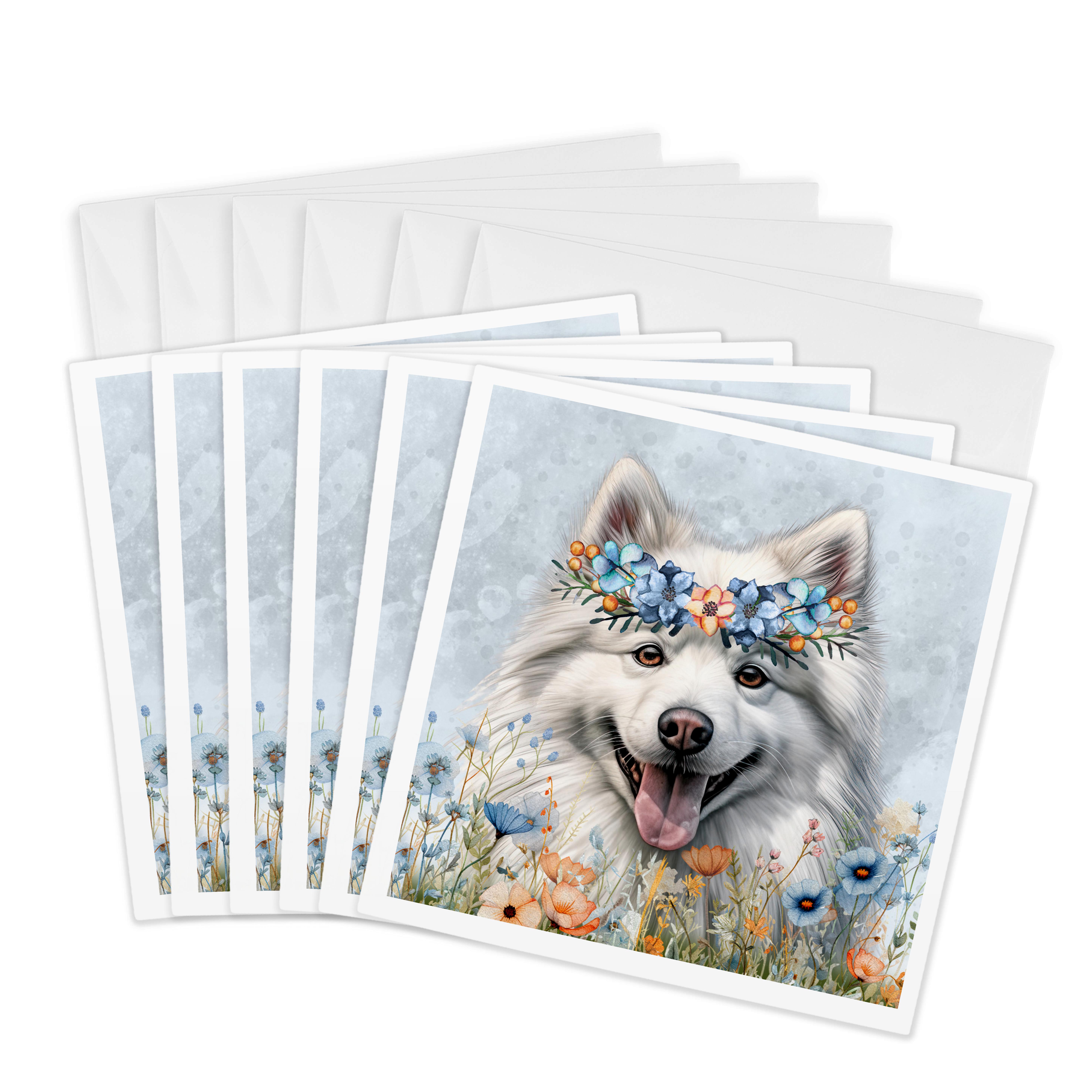 3drose, American Eskimo Dog in a Floral Headband and Blue Wildflowers ...