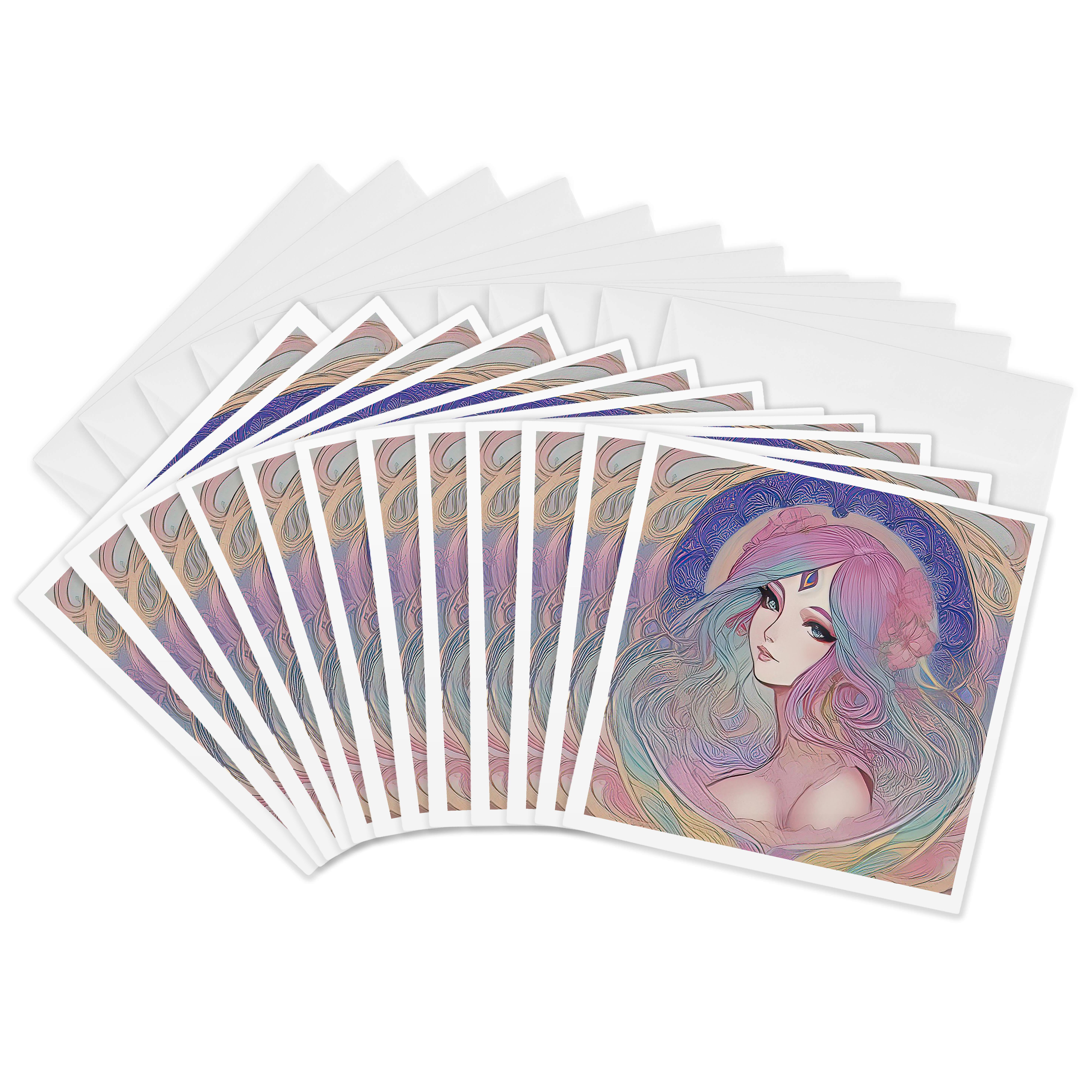 3drose, Art Nouveau Woman. Pink Hair Fairy Princess with Blue Eyes Nice Charm, 12 Greeting Cards ...