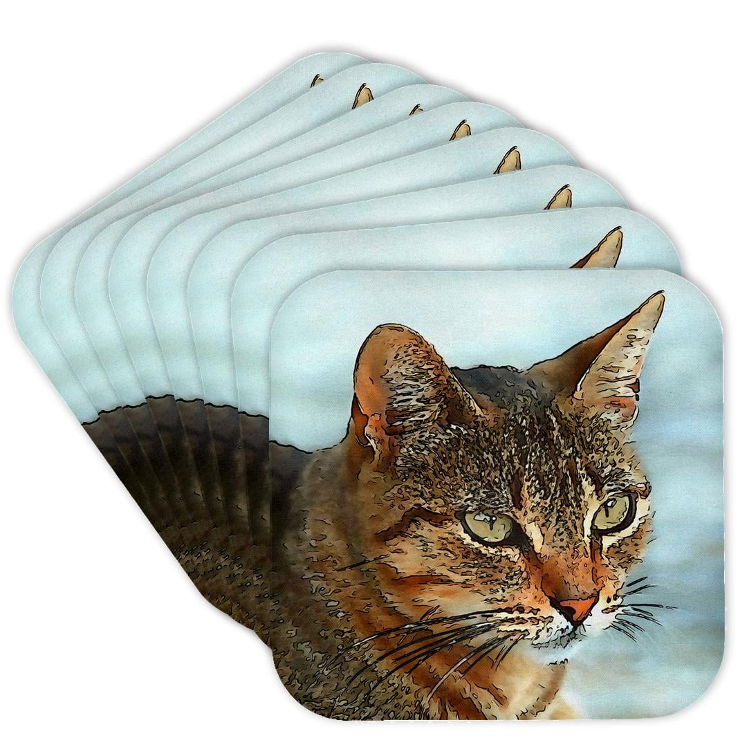3drose, Artistic Cartoon Style Black Outline Tabby Cat, Set of 8 ...