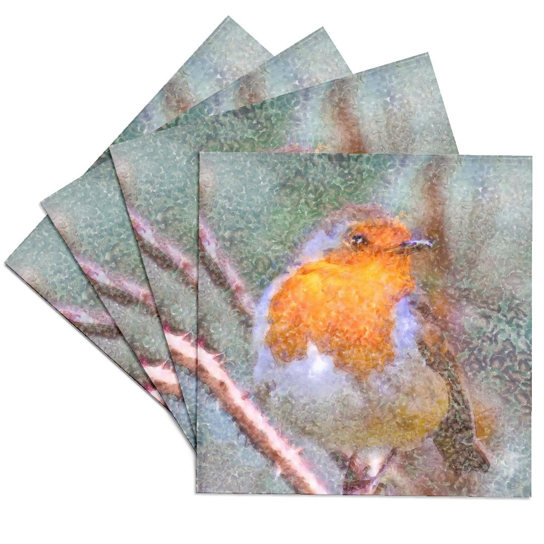3drose, Artistic Christmas Robin Perched on a Thorny Branch, Set of 4 ...
