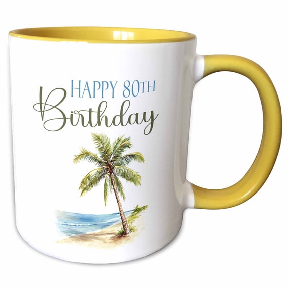 3drose, Beach Palm Tree Happy 80th Birthday, 15oz Two-tone Yellow Mug ...