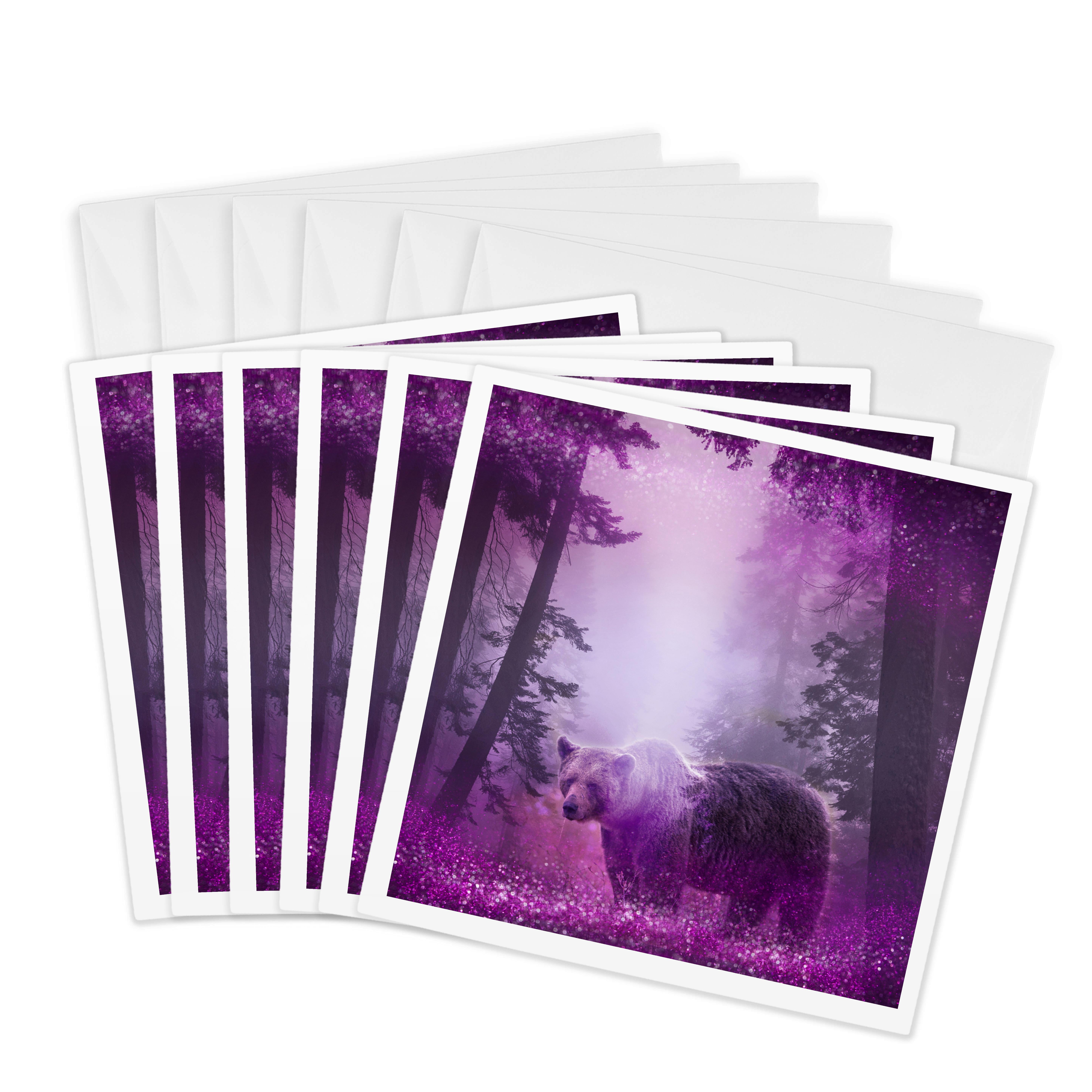 3drose, Bear in a Pink Purple Glittering Forest, 6 Greeting Cards with ...