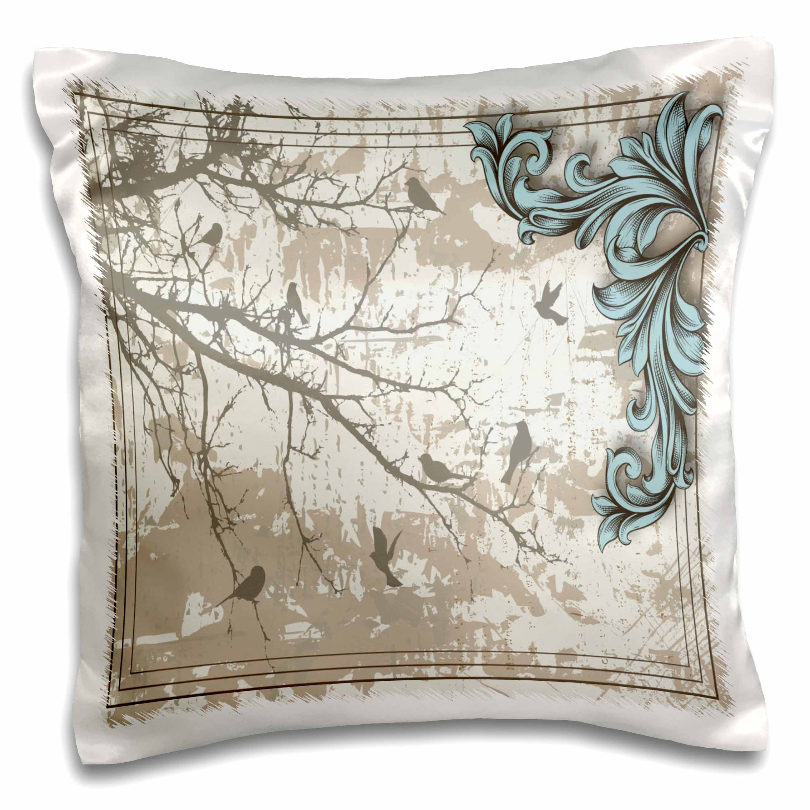 3drose, Birds on a Tree Branch of Gray with a Pretty Blue Flourish, 16x16 inch Pillow Case ...
