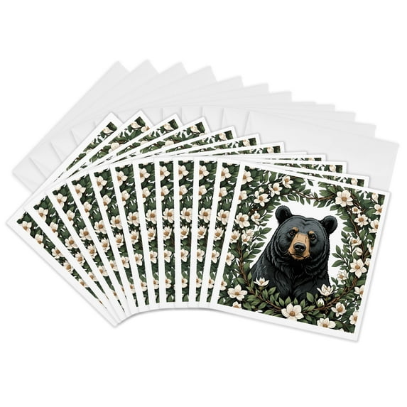 3drose, Black Bear Peaking Through Magnolia Flowers, 12 Greeting Cards ...