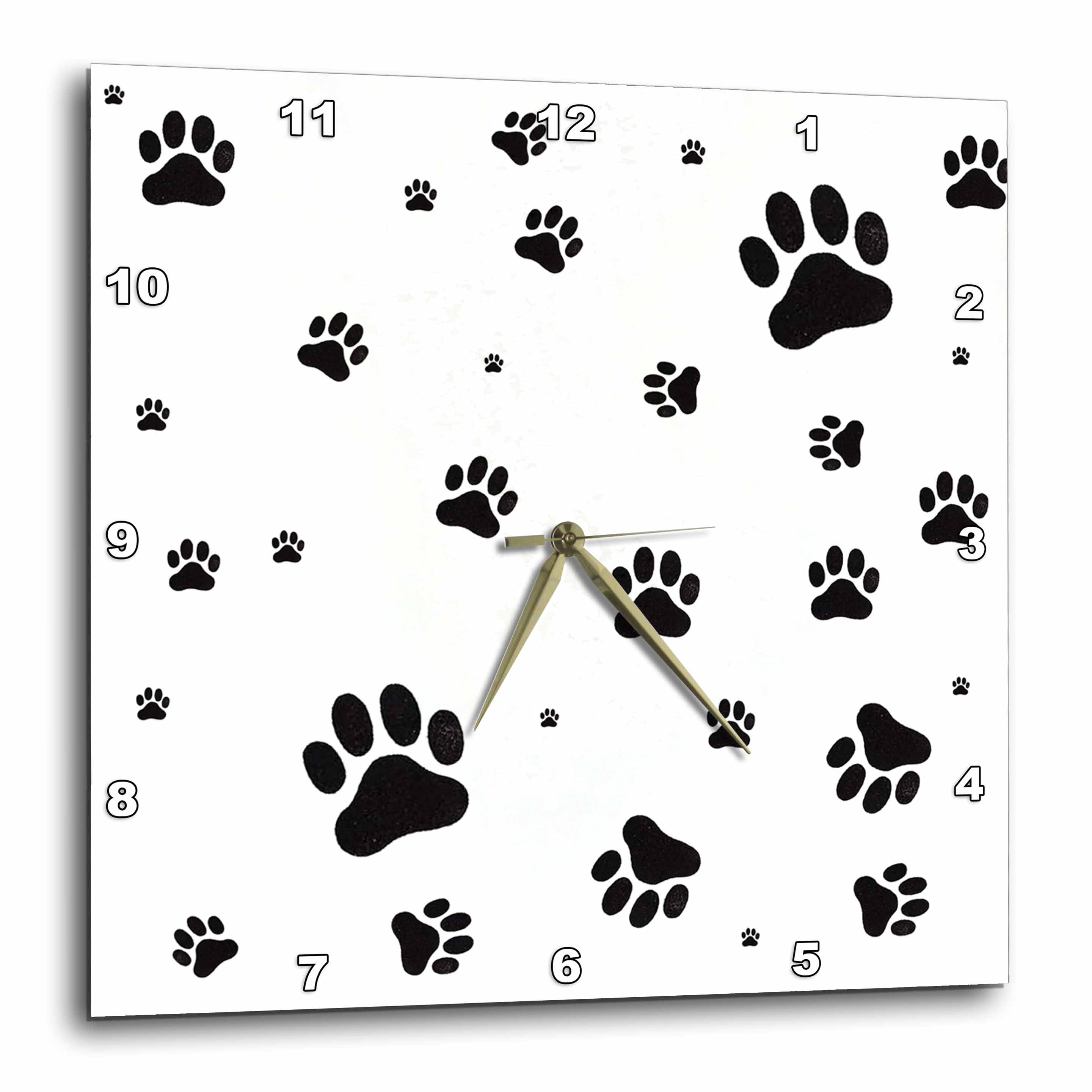3drose, Black Paw Prints on White Background, 13x13 Wall Clock ...