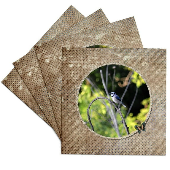 3drose, Blue Jay on Dried Sunflower, Round Frame with Butterfly, Set of 4 Ceramic Tile Coasters ...