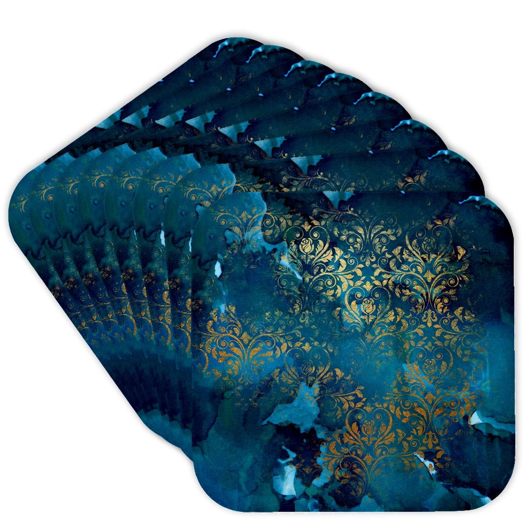 3drose, Blue Watercolor Abstract with a Faux Gold Damask Overlay, Set ...