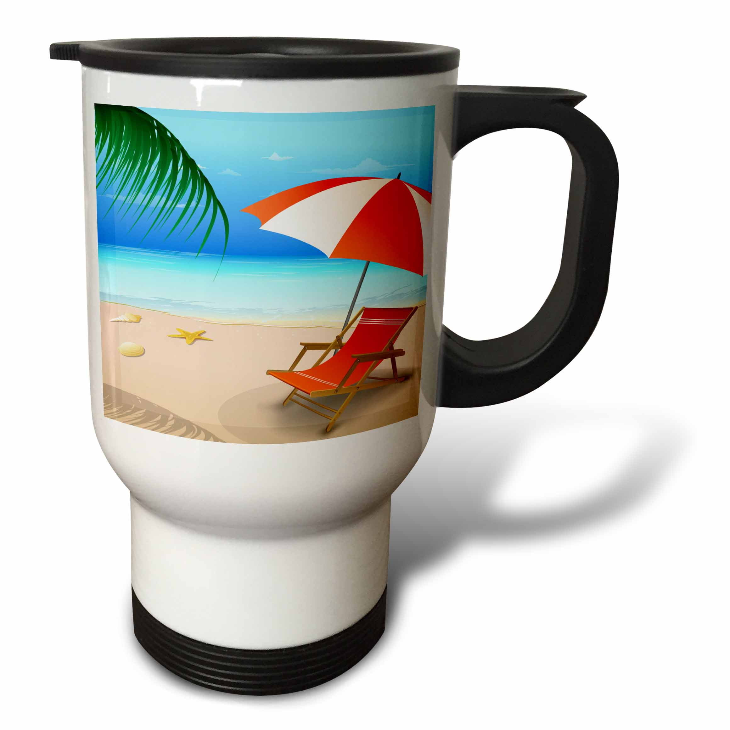 3drose, Blue and Sandy Beach Scene with Beach Lounger and Umbrella in ...