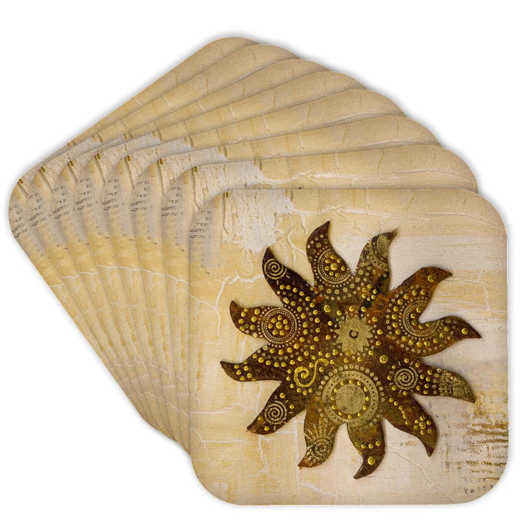 3drose, Brown Sun Symbol with Golden Ornaments Painting, Set of 8 ...